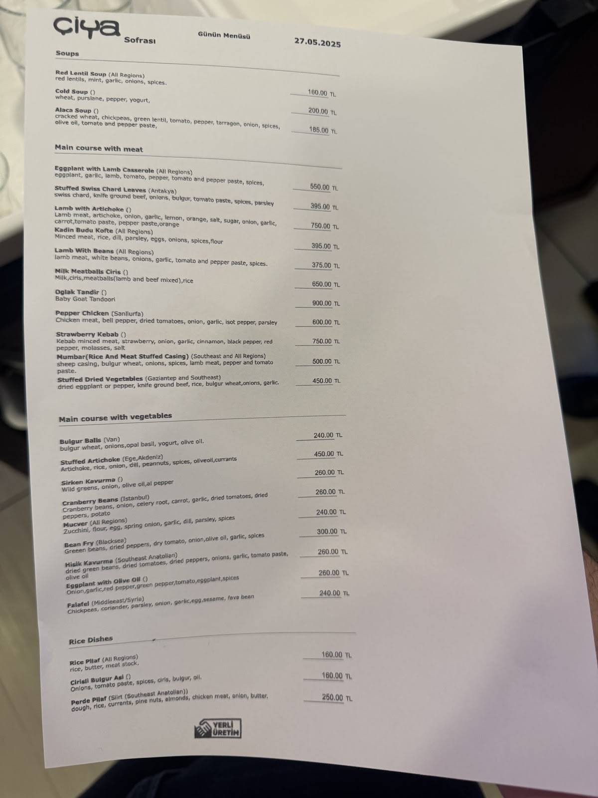 Menu at Çiya Sofrası, Istanbul, Güneşli Bahçe Sok