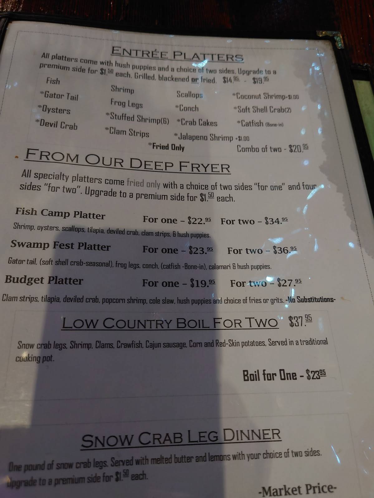 Menu at Clark's Fish Camp Seafood Restaurant, Jacksonville