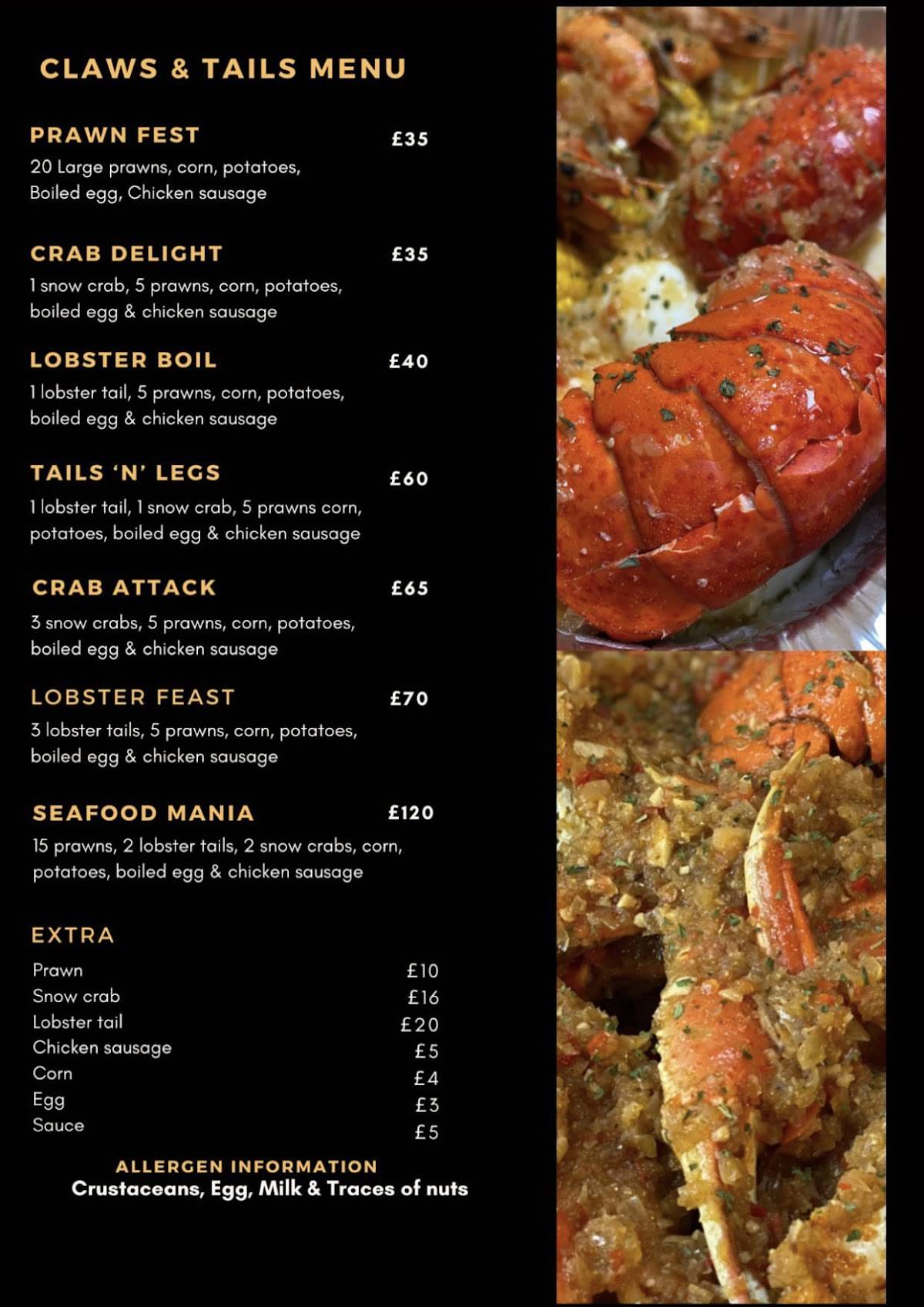 Menu at Claws and Tails restaurant, Colchester