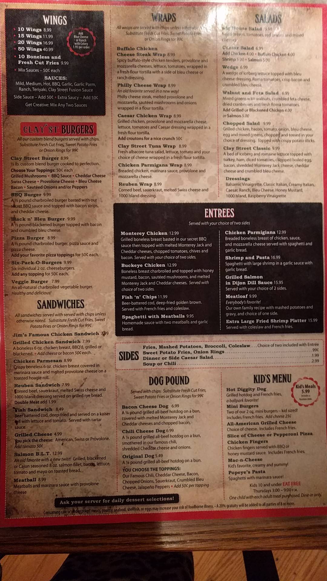Menu at Clay Street Grill pub & bar, Austinburg