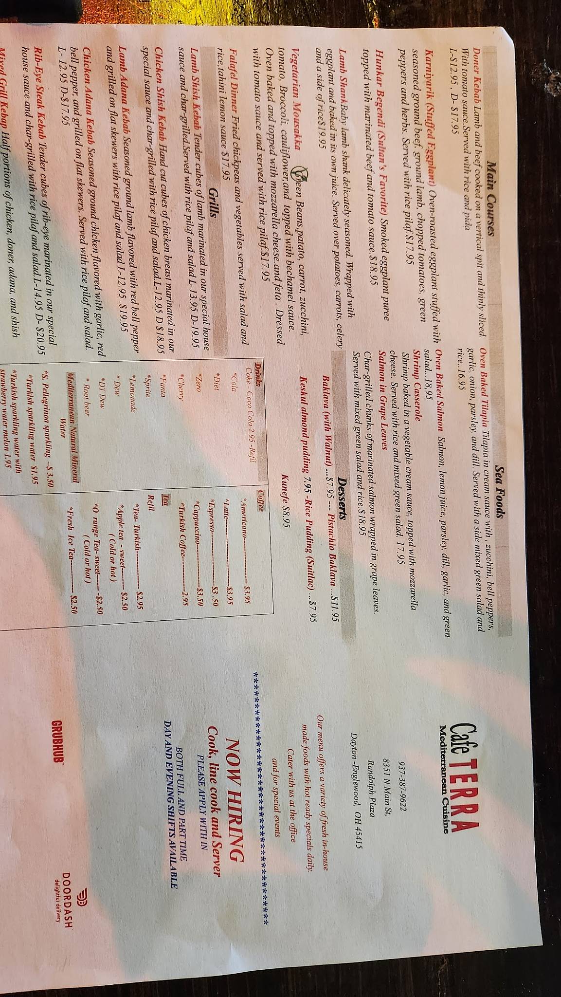 Menu at Cafe Terra Mediterranean Cuisine Englewood, Dayton