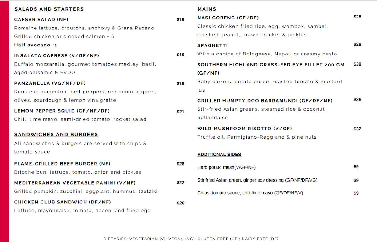 Menu at Ginger restaurant, Clayton