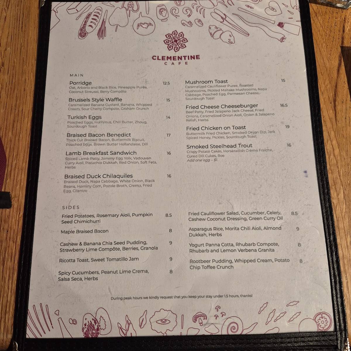 Menu at Clementine Cafe, Winnipeg, 123 Princess St