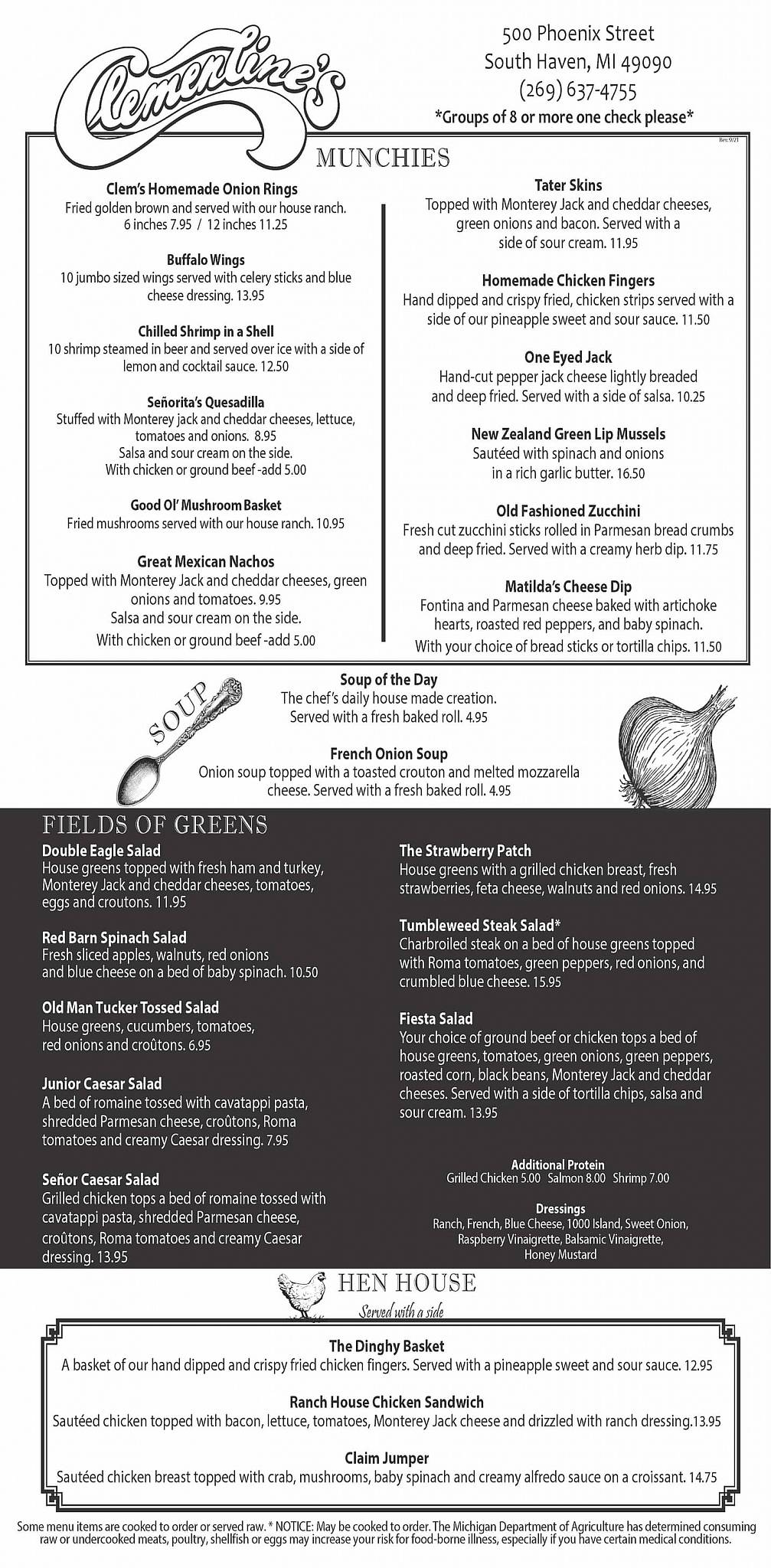 Menu at Clementine's restaurant, South Haven