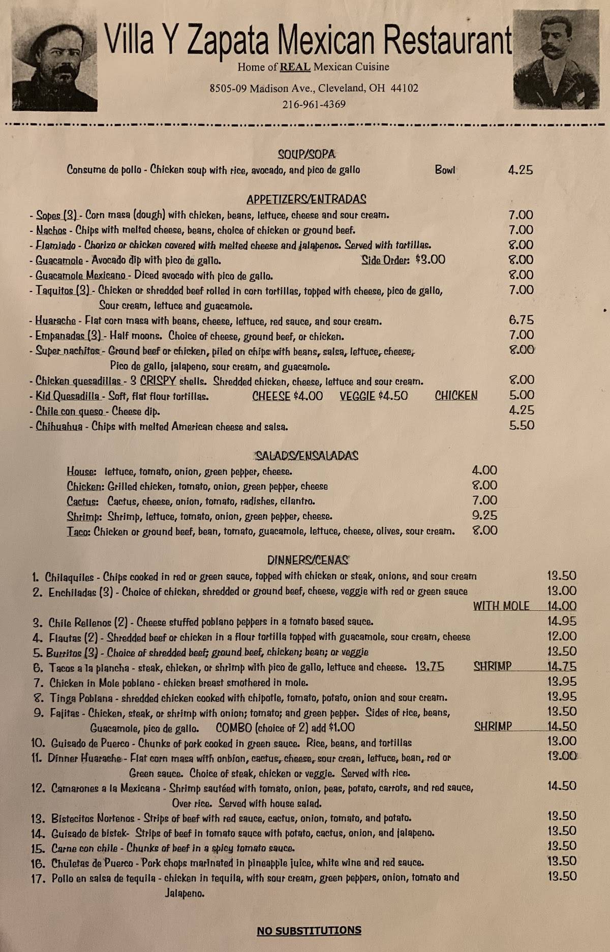 Menu at Villa y Zapata restaurant, Cleveland