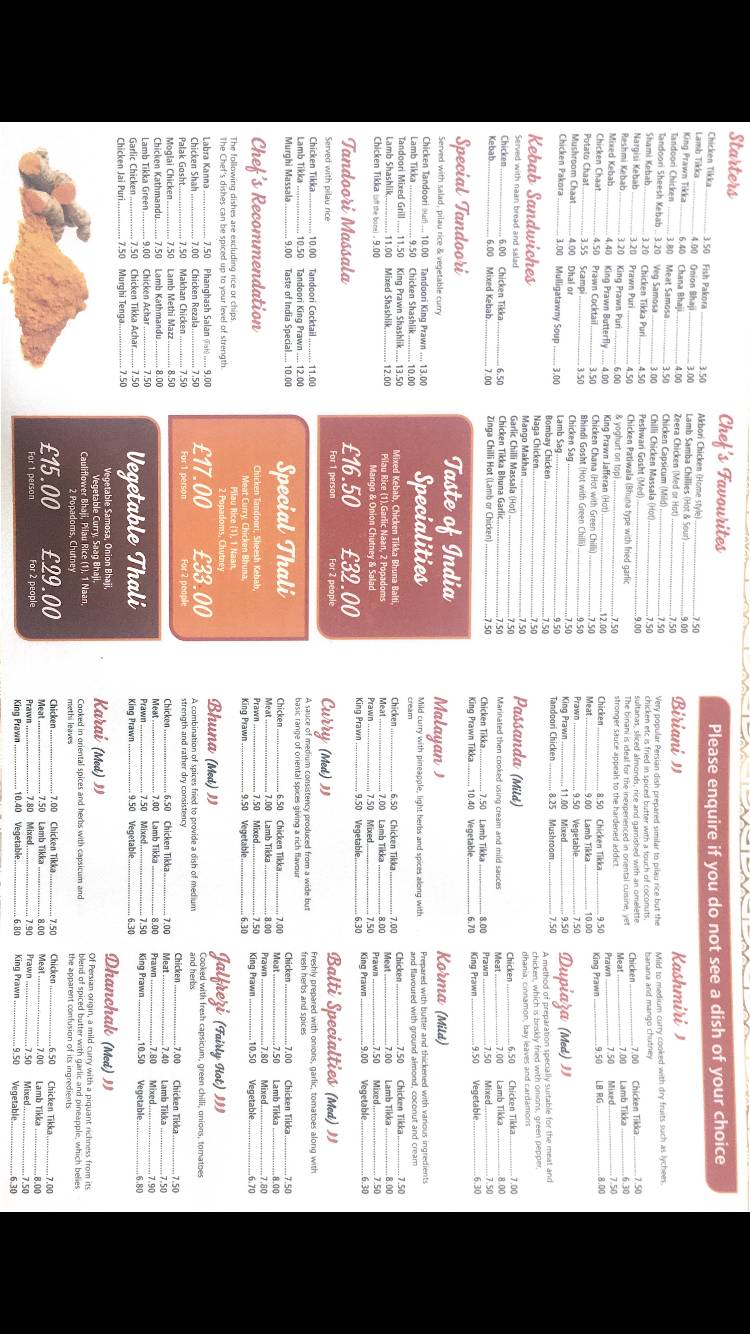 Menu at Taste Of India (Clitheroe) est. since 1997 restaurant, Clitheroe