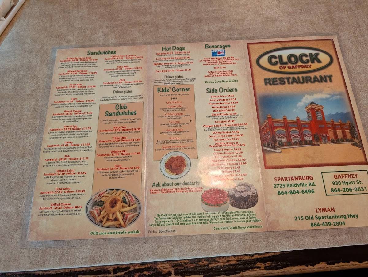 Menu at Clock of Gaffney restaurant, Gaffney