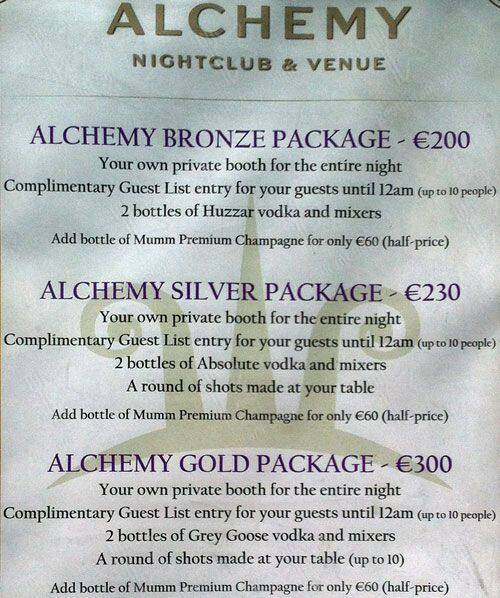 Menu at Alchemy Nightclub, Dublin