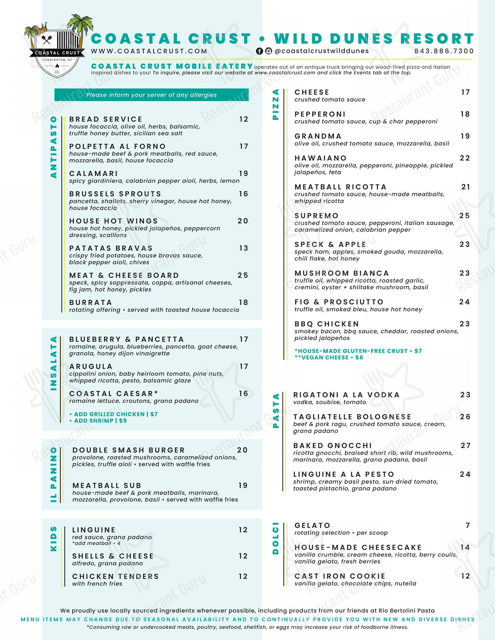 Menu at Coastal Crust at Wild Dunes pizzeria, Isle of Palms