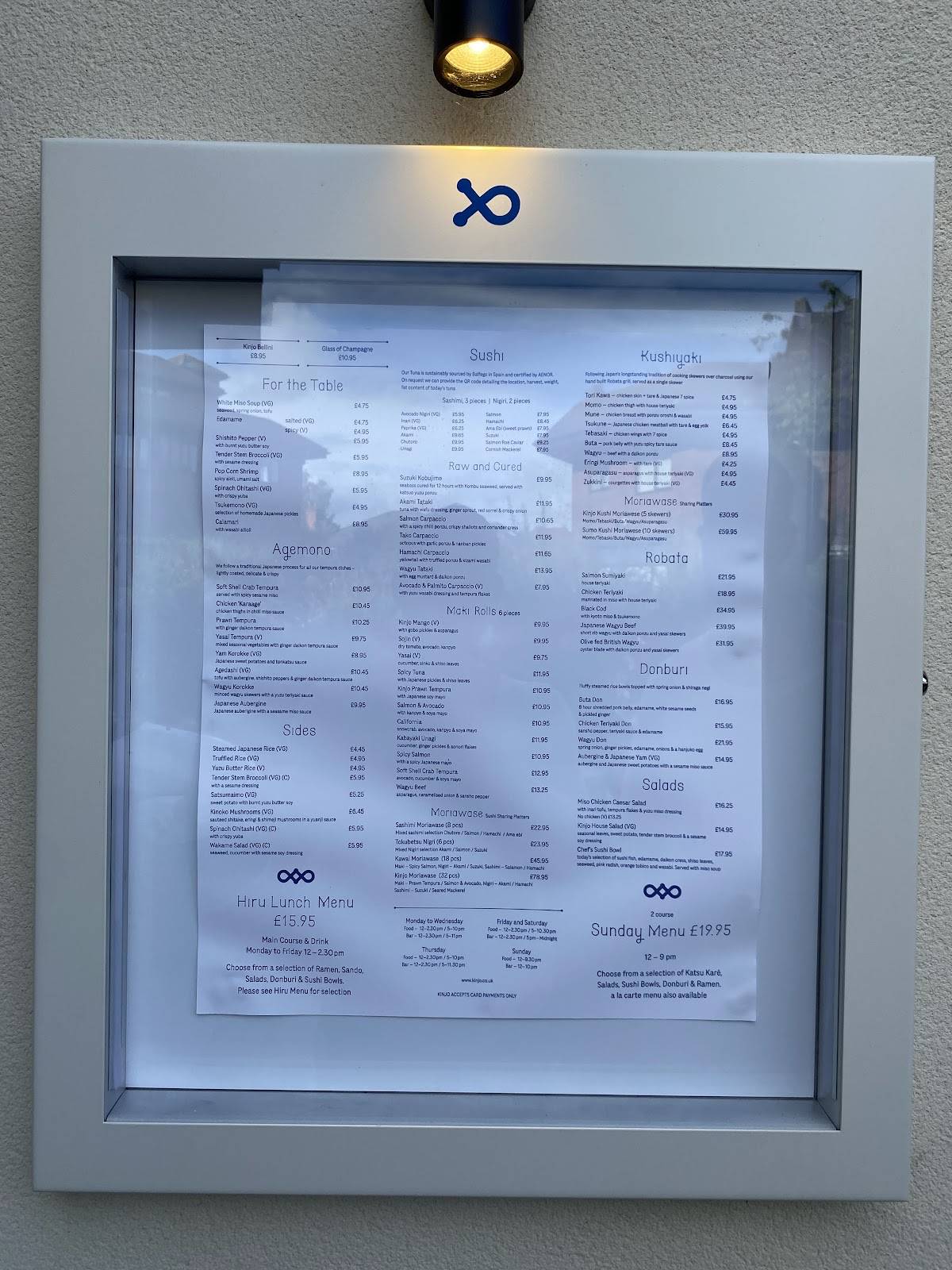 Carta de Kinjo - Japanese Restaurant, Bar & Grill, Cobham
