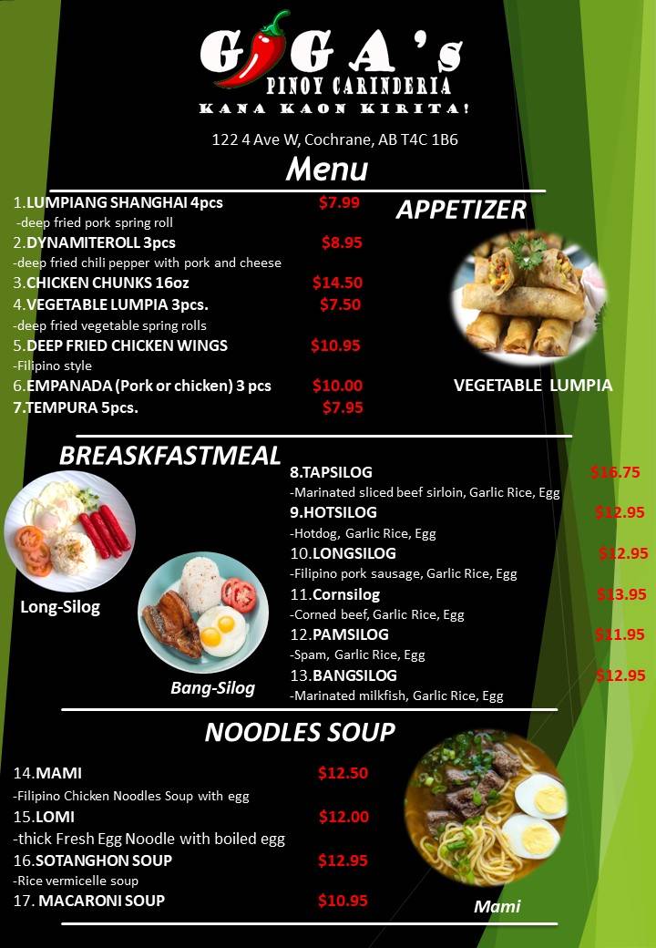 Menu au Giga's Pinoy Carinderia restaurant, Cochrane