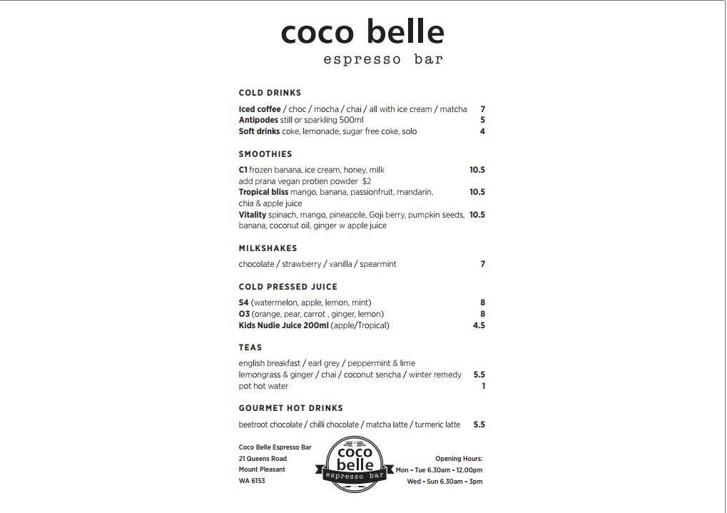 Menu at Coco Belle Espresso Bar, Mount Pleasant