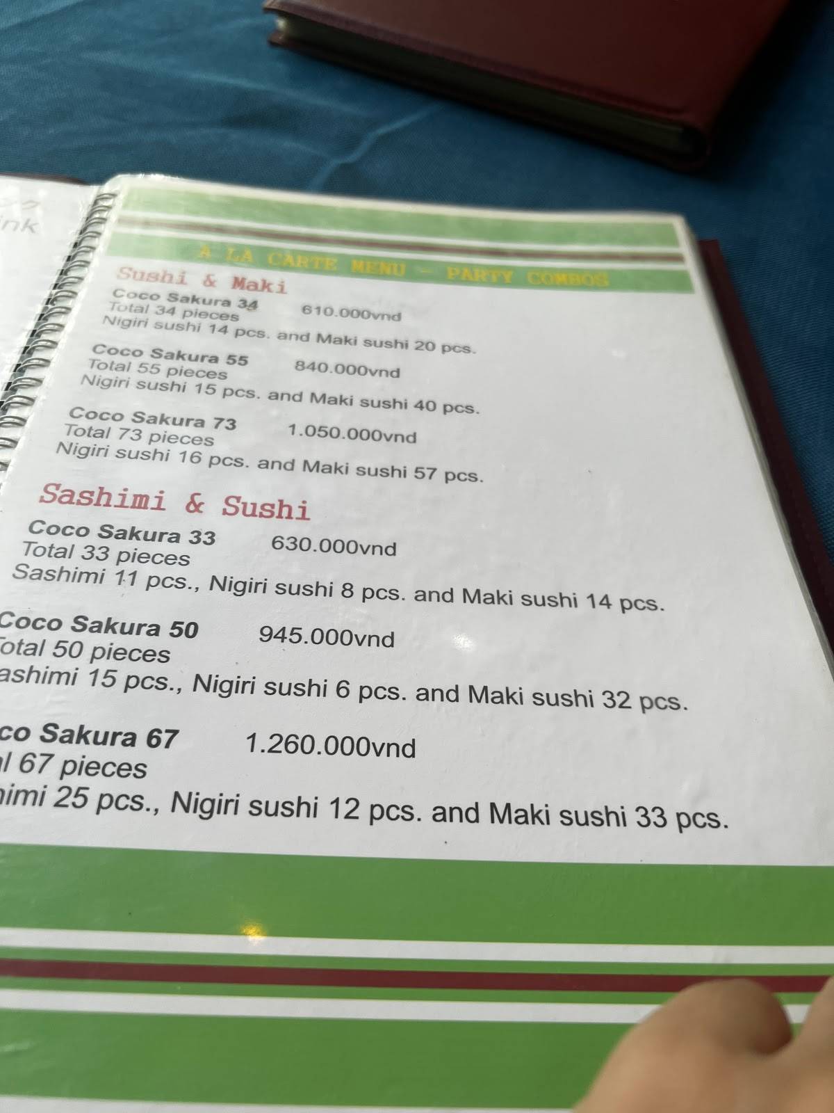 Menu at Coco Sakura Restaurant, Hanoi