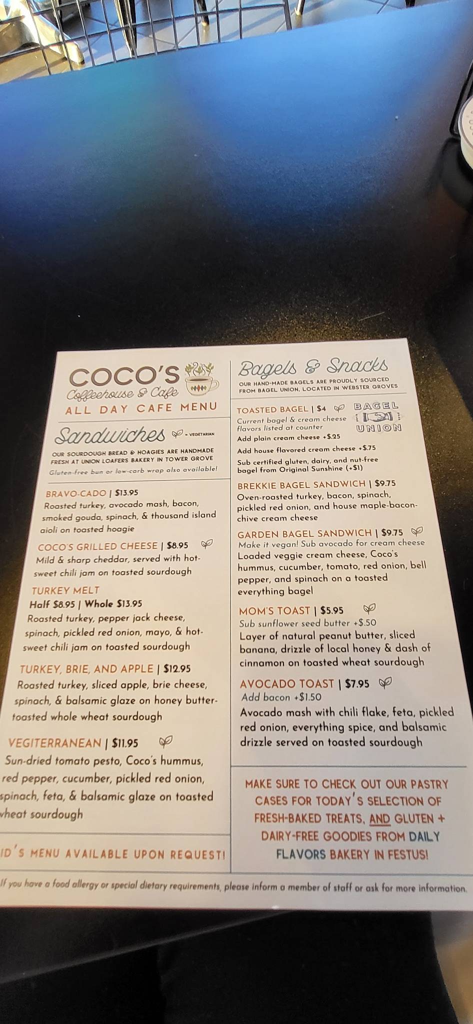 Menu at Coco's Coffeehouse & Cafe, Arnold
