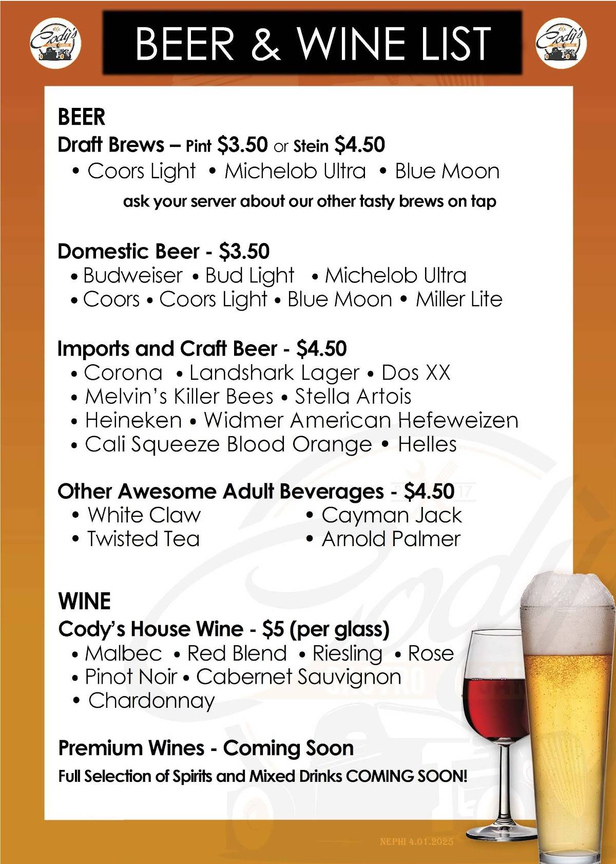 Menu at Cody's Restaurant Nephi, Nephi