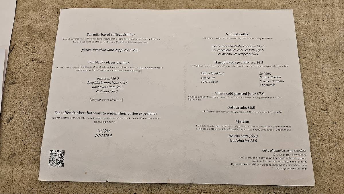 Menu at Coffee Anthology cafe, Brisbane City, 155 Charlotte St