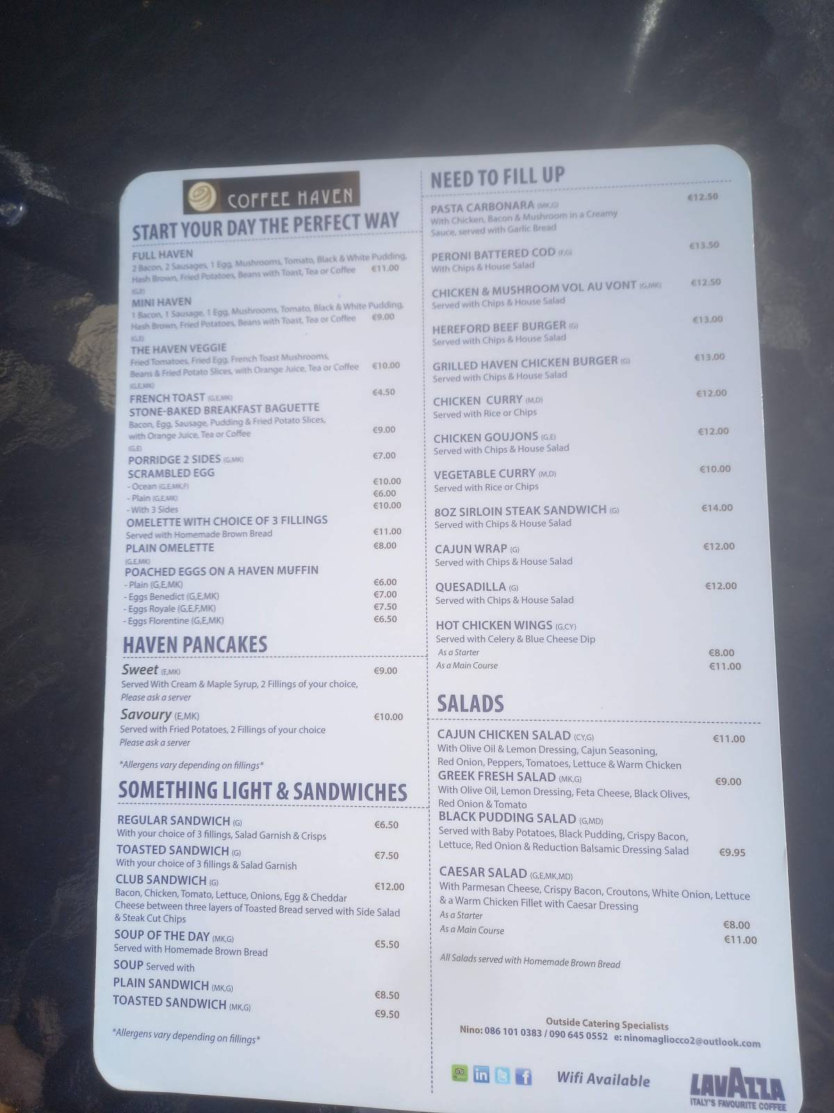 Menu at Coffee Haven cafe, Athlone, Golden Island