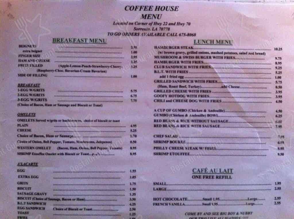 Menu at Coffee House, Sorrento
