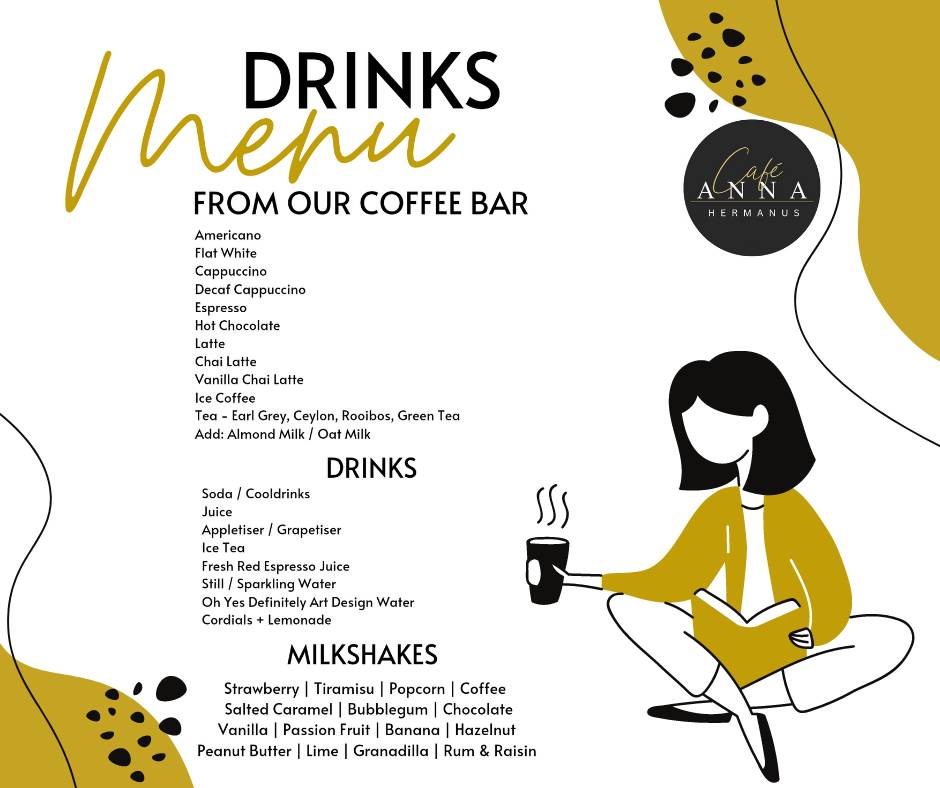 Menu at Café Anna coffee house, Hermanus