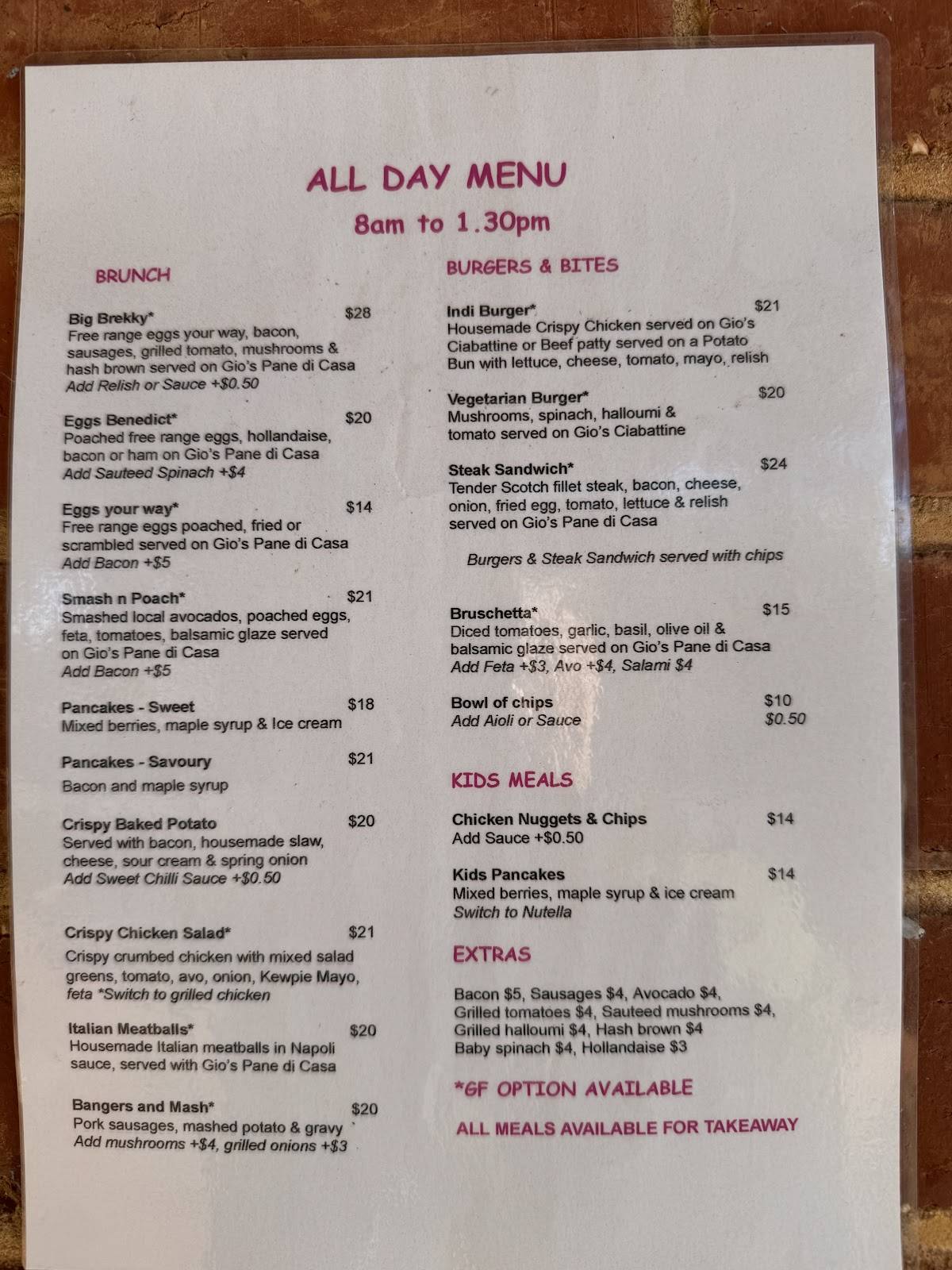 Menu at Coffee on Indi cafe, Red Cliffs