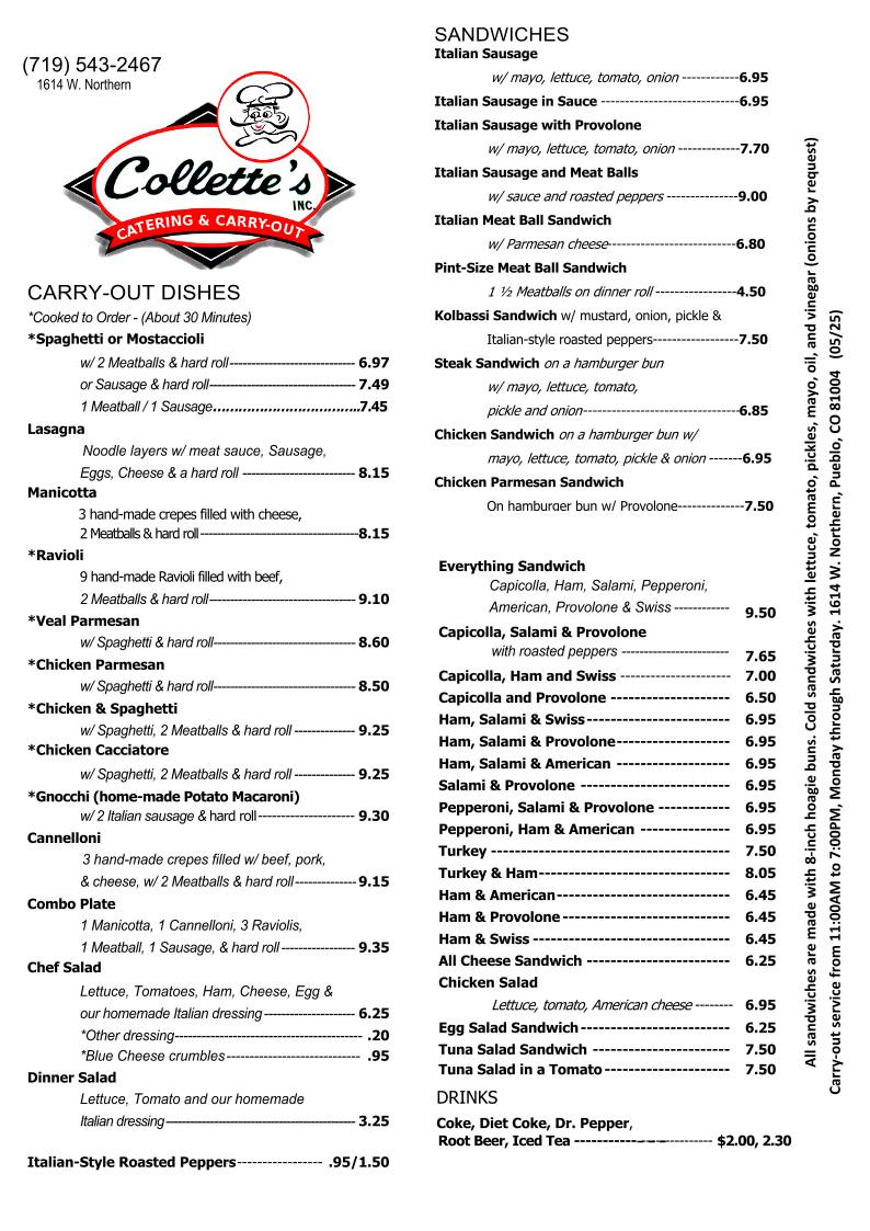 Menu at Collette's Catering-Carry Out restaurant, Pueblo
