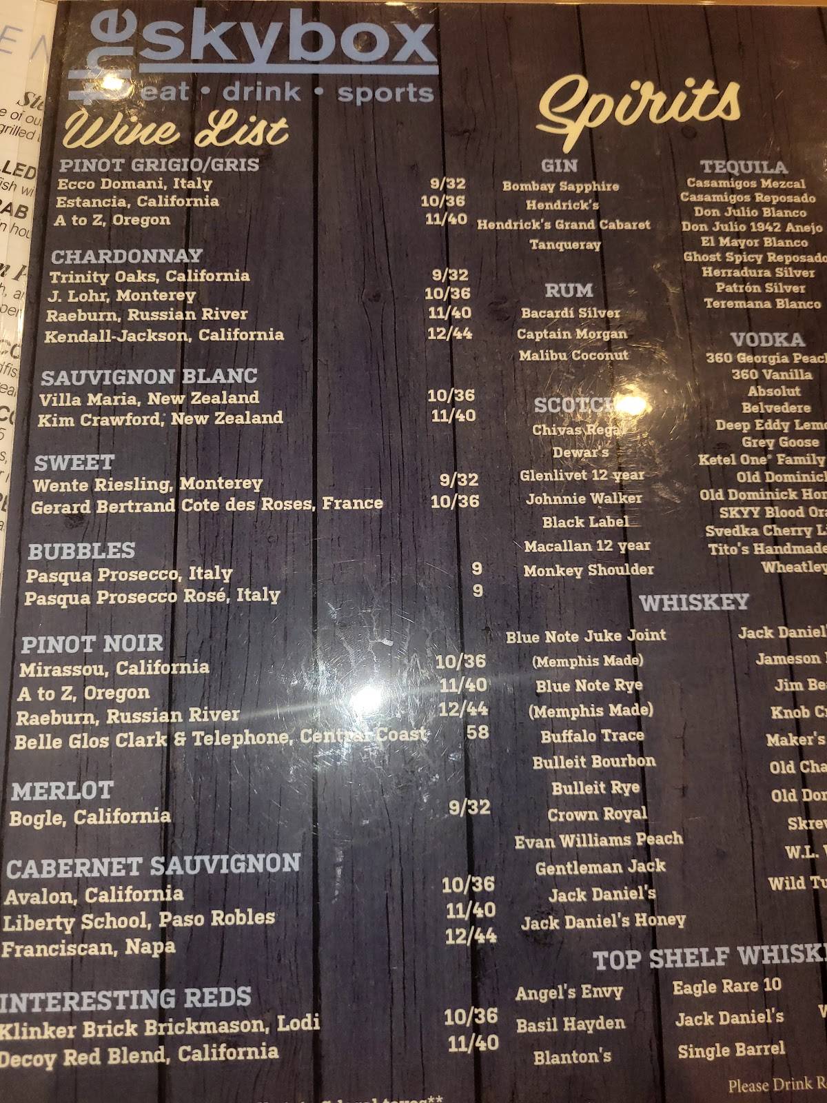 Menu at The Skybox Grill pub & bar, Collierville, W Poplar Ave #101