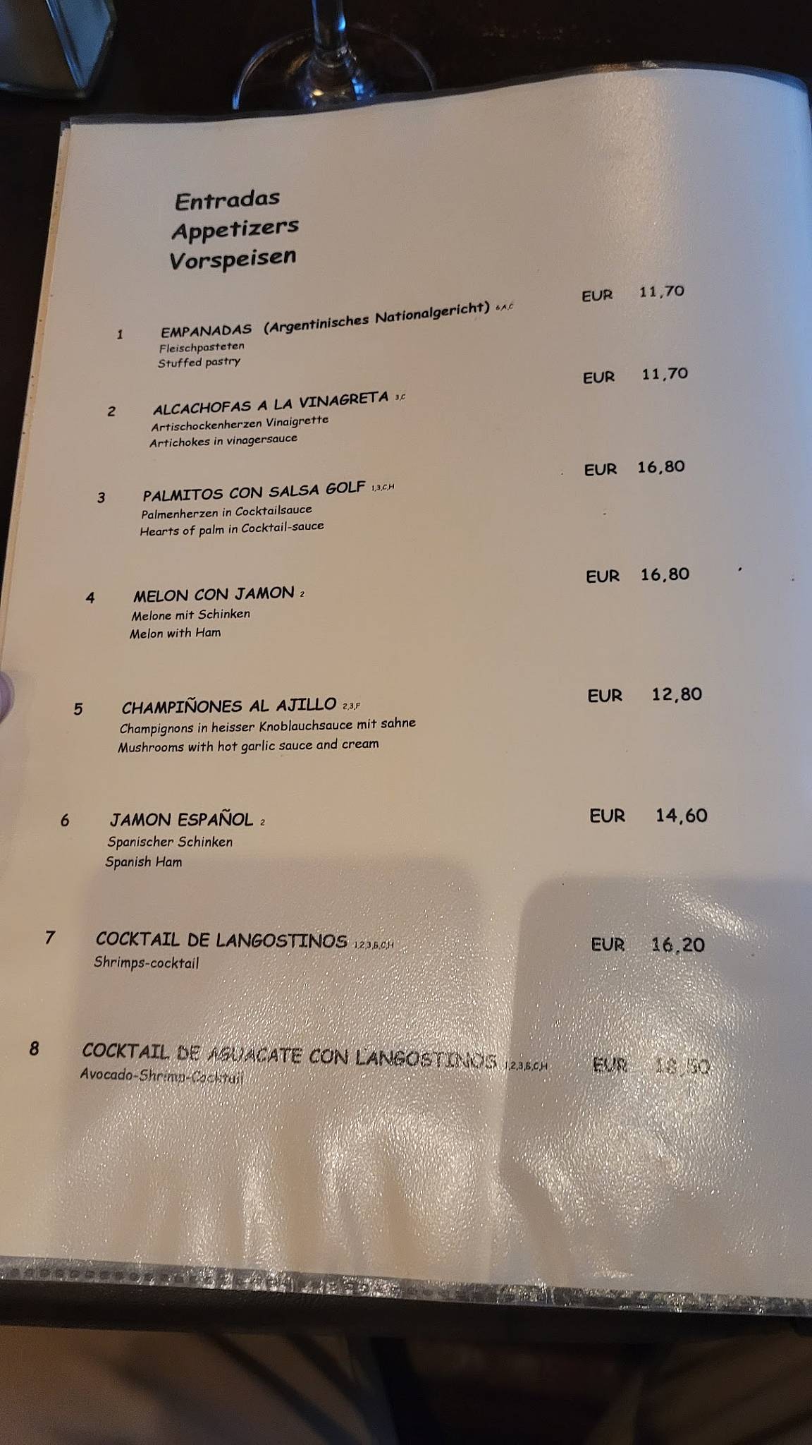 Menu at El Chango steakhouse, Cologne, Bolzengasse 9