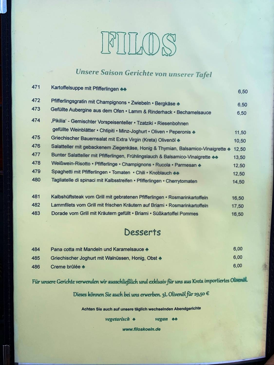 Speisekarte von Filos pub & Bar, Köln, Merowingerstr. 42