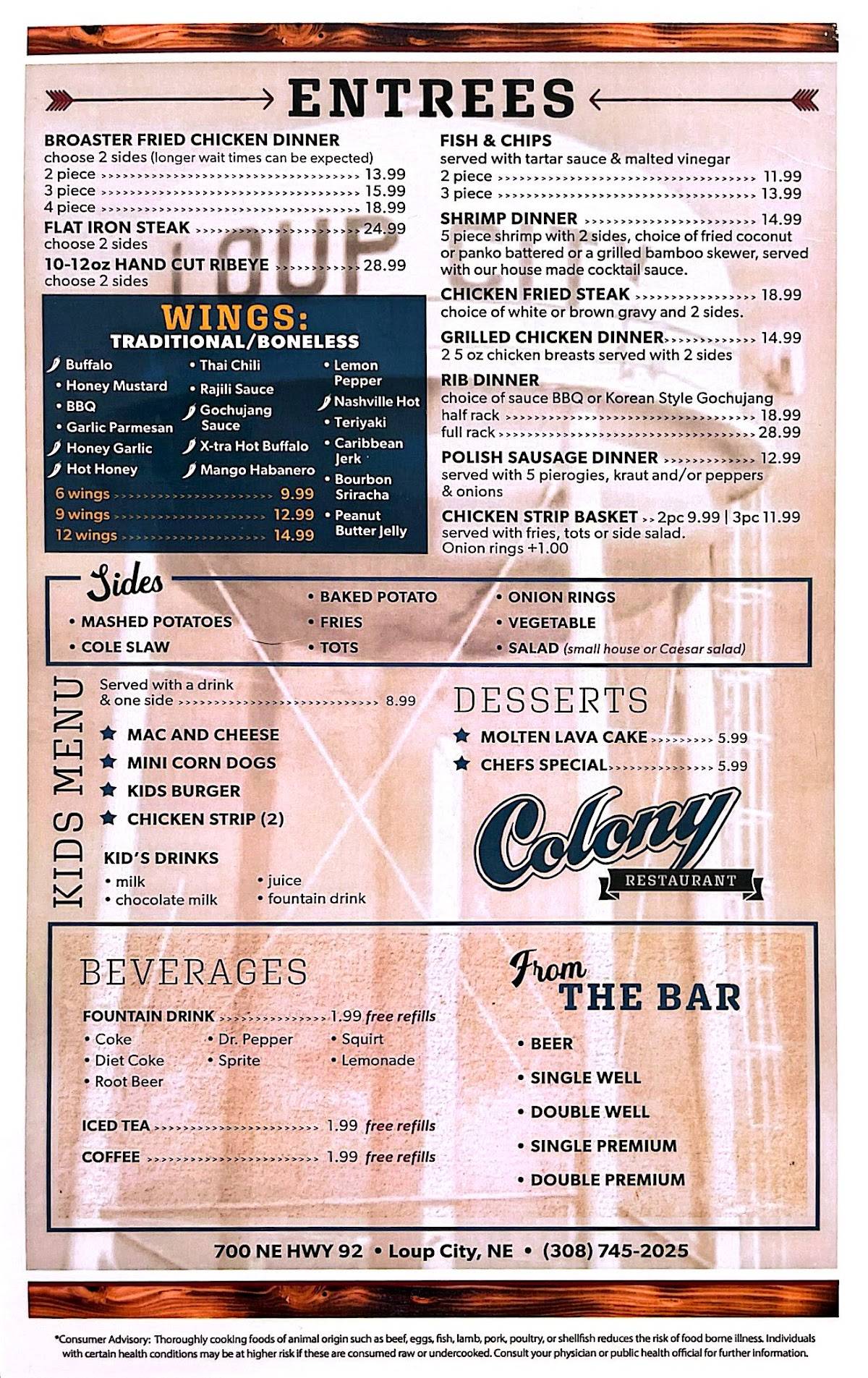 Menu at Colony Restaurant (Bar and Grill), Loup City