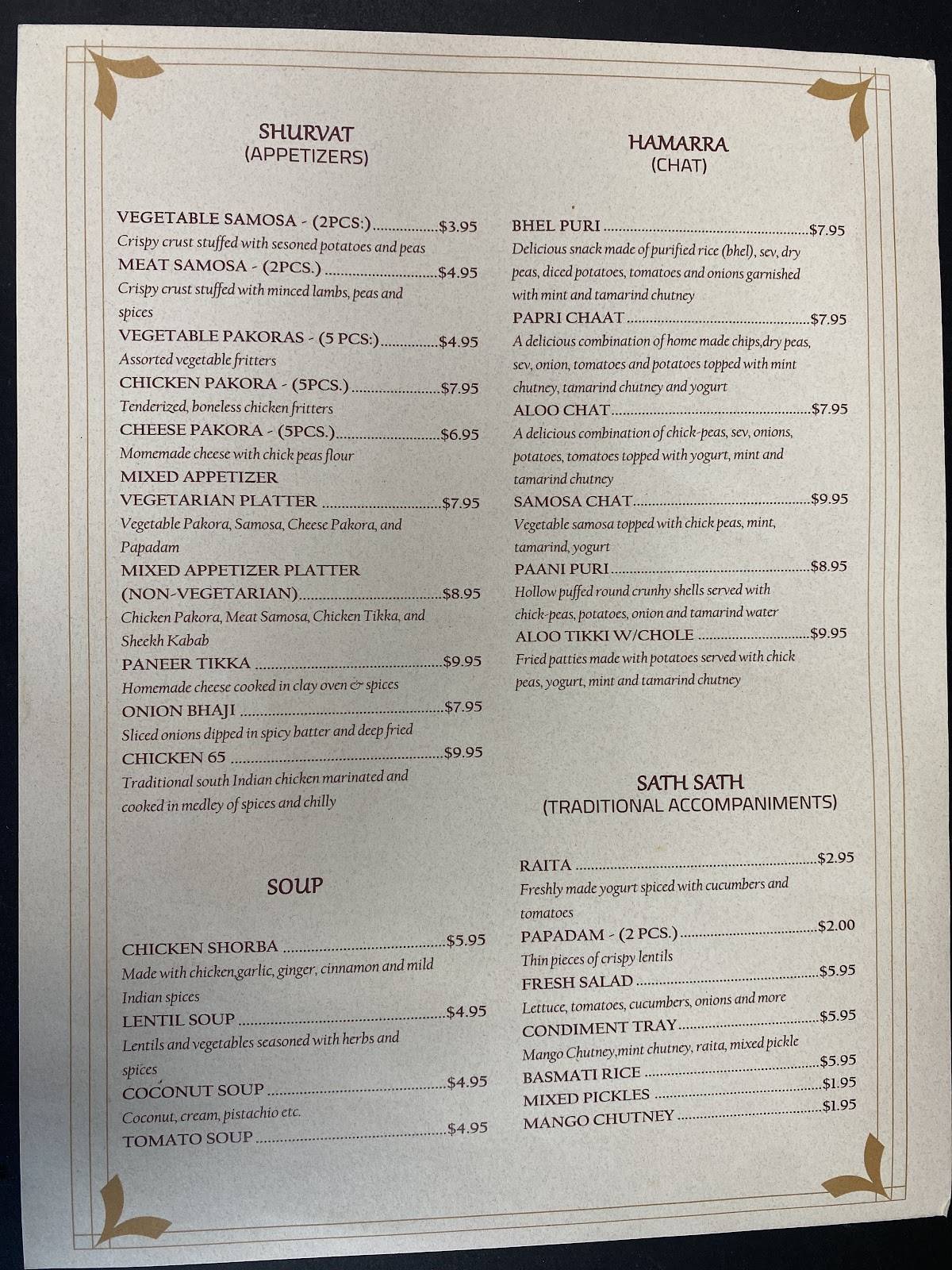 Menu at Delhi Palace restaurant, Columbia, 542 St Andrews Rd