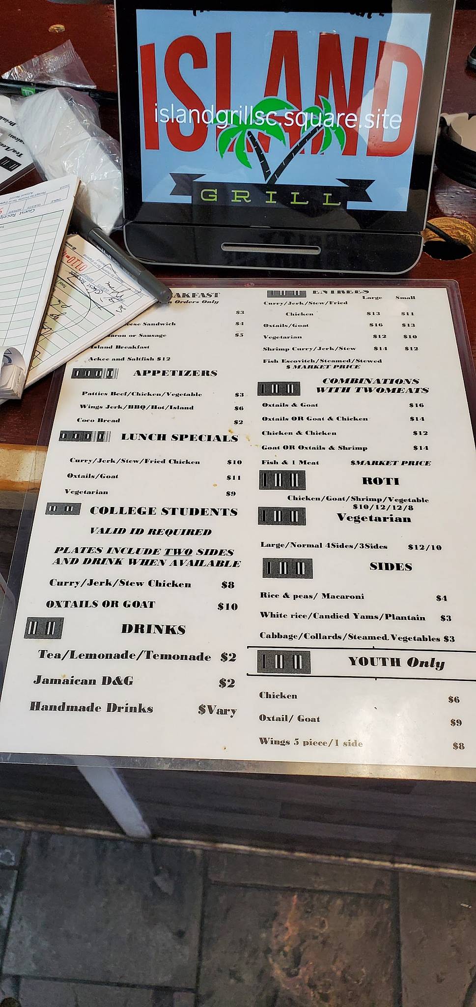 Menu at Island Grill restaurant, Columbia