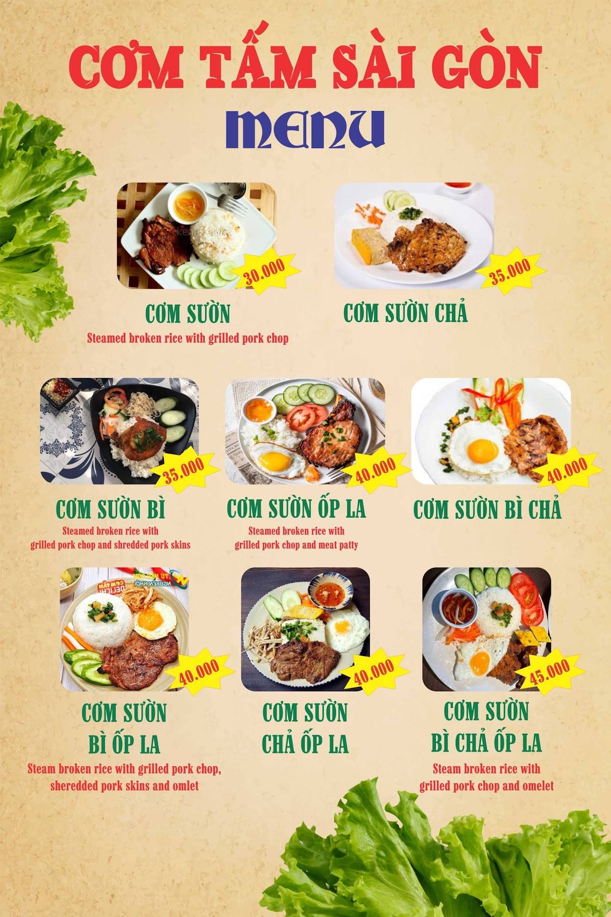 Menu at Com Tam Sai Gon restaurant, Da Nang, 90 Bà Huyện Thanh Quan