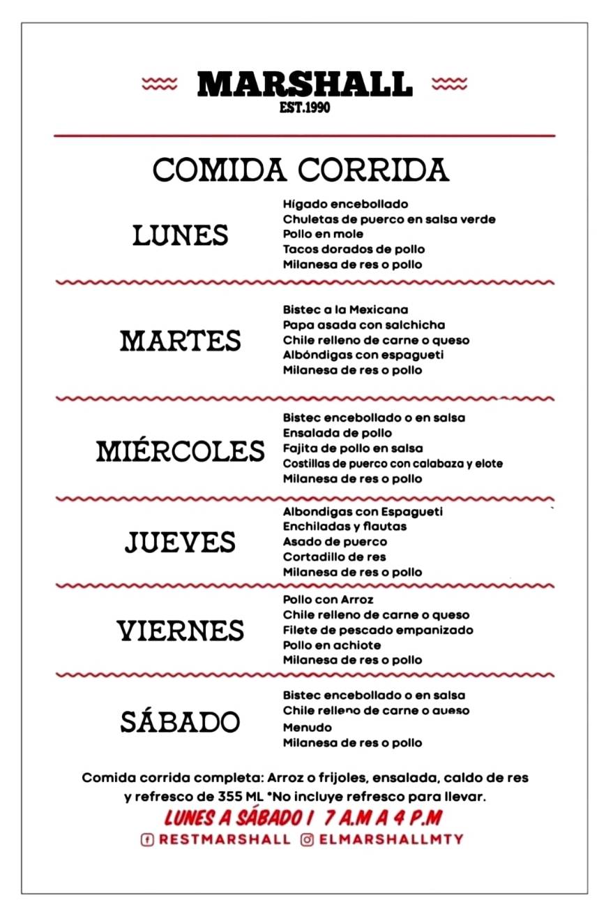 Carta del restaurante El Marshall, Monterrey