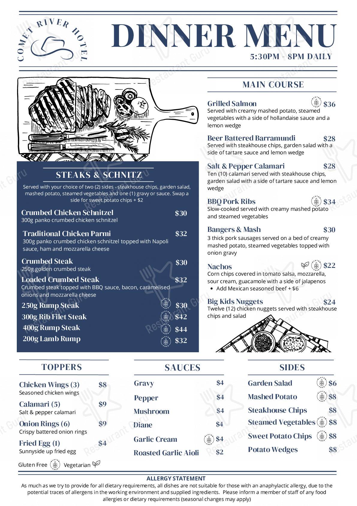 Menu at Comet River Hotel restaurant, Comet, QLD