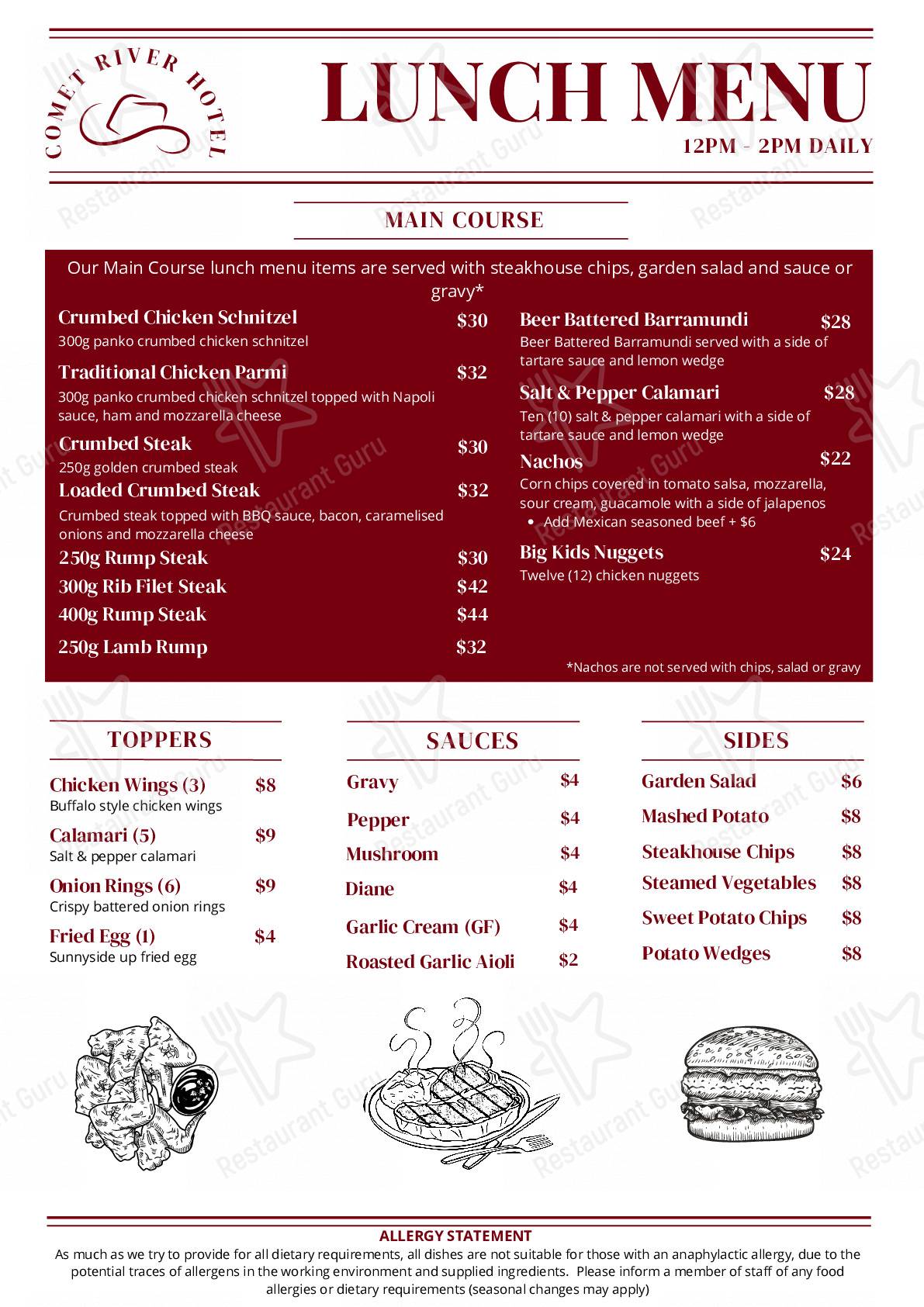 Menu at Comet River Hotel restaurant, Comet, QLD