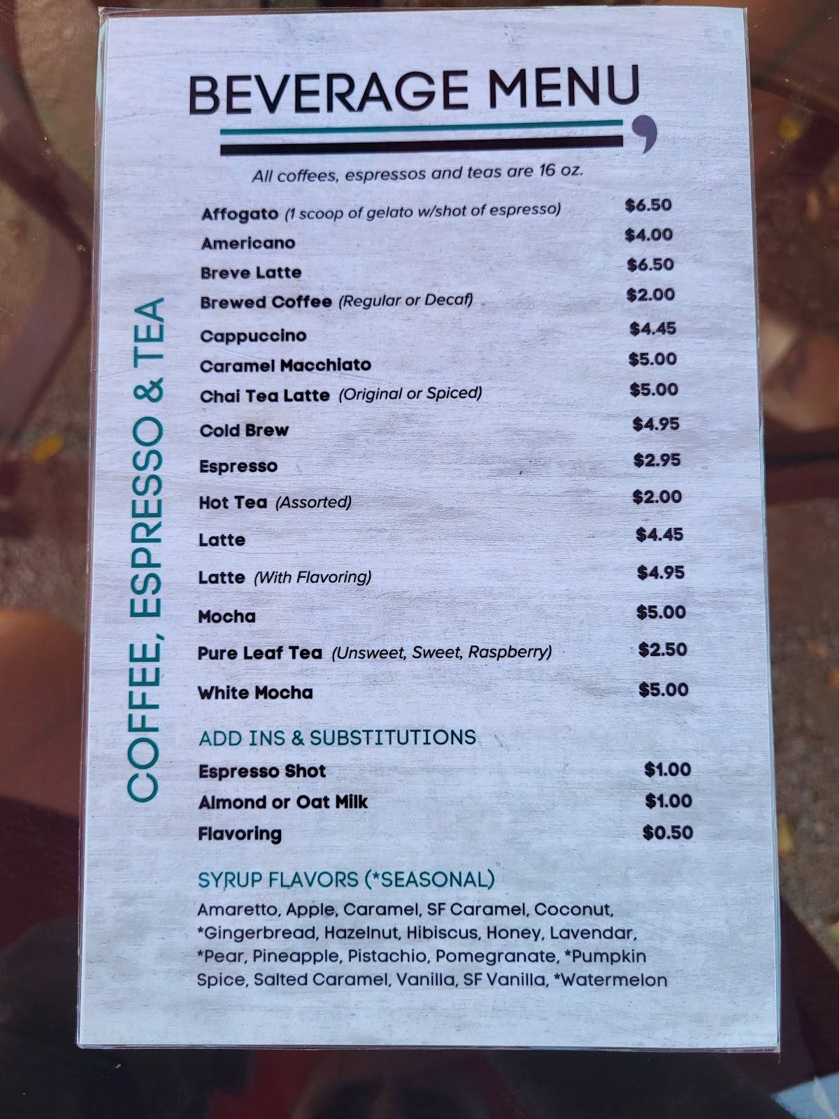 Carta de Comma Cafe, Waupaca