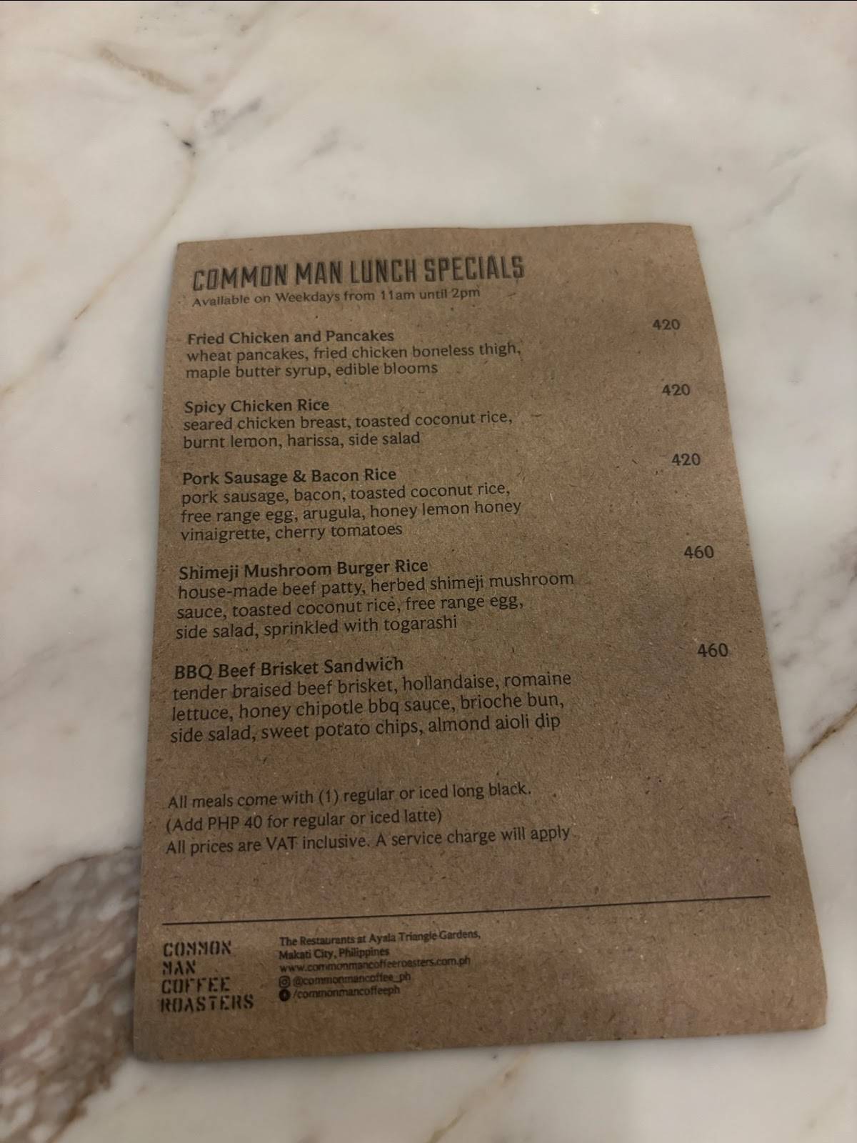 Menu at Common Man Coffee Roasters restaurant, Makati