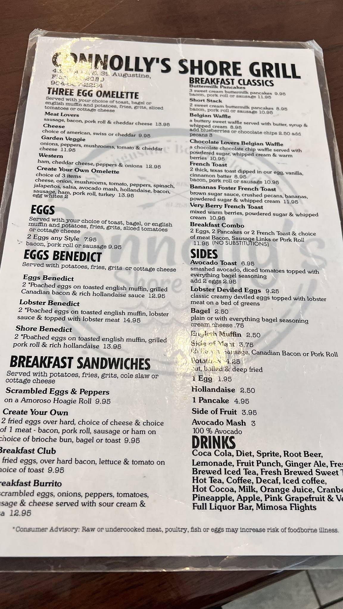 Menu at Connolly's Shore Grill restaurant, St. Augustine