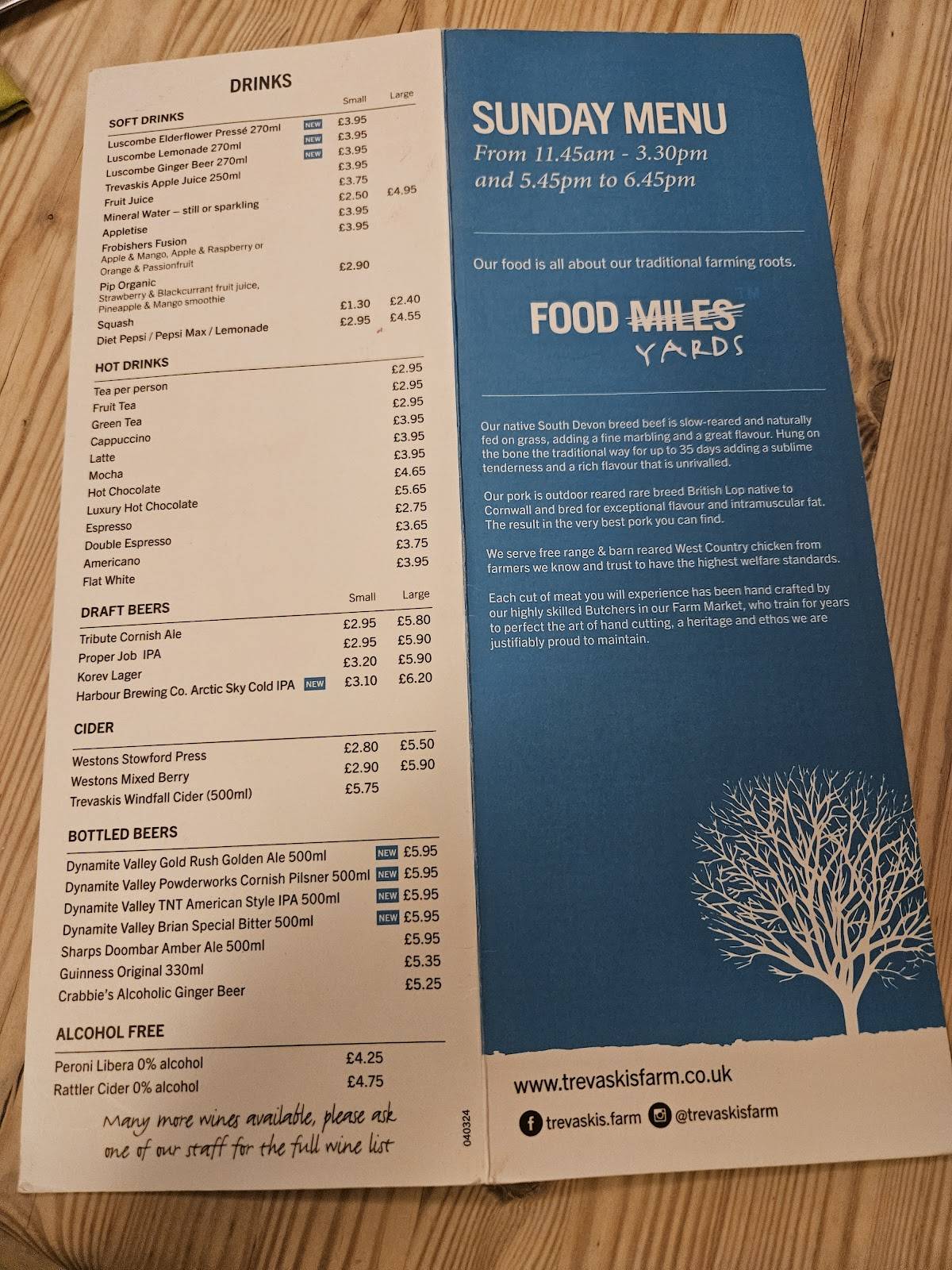 Menu at Trevaskis Farm restaurant, Gwinear-Gwithian