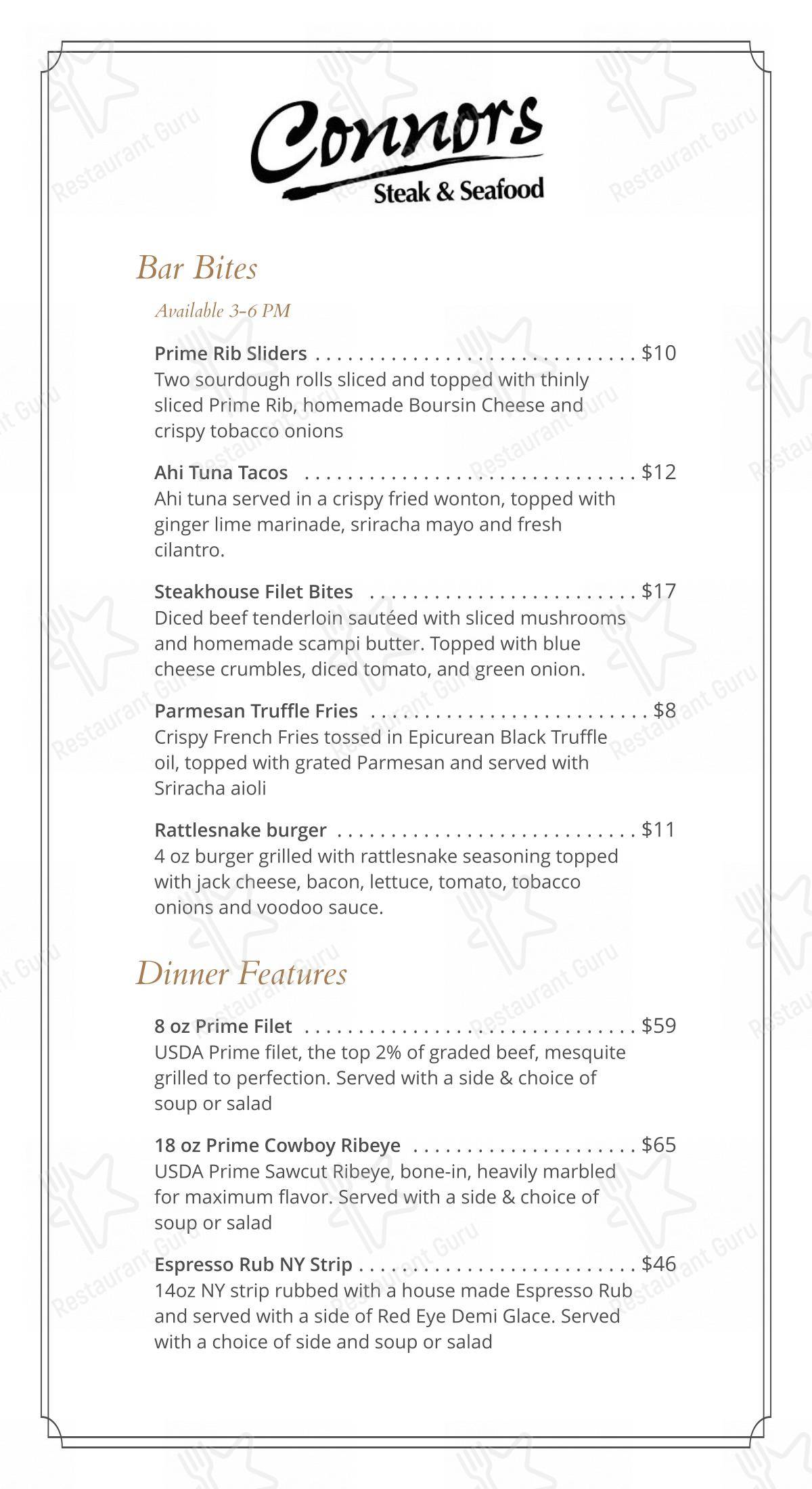 Menu at Connors Steak & Seafood pub & bar, Huntsville