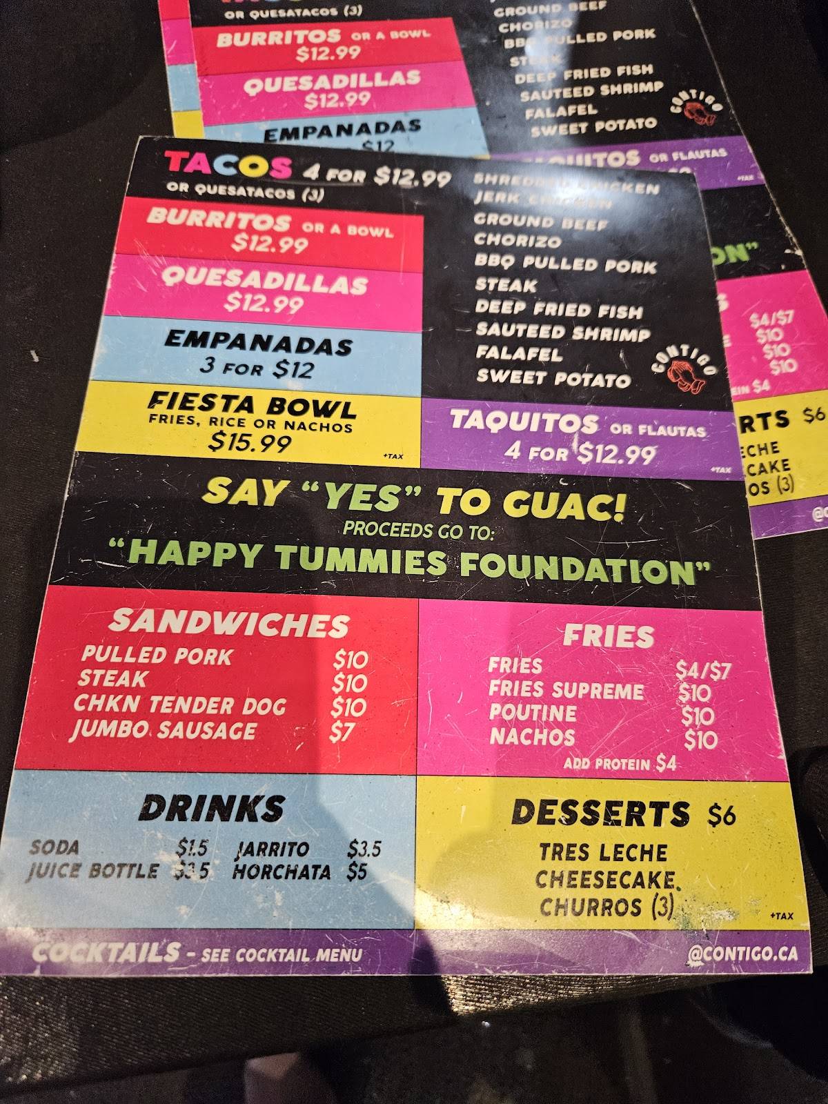 Menu at Contigo restaurant, Toronto