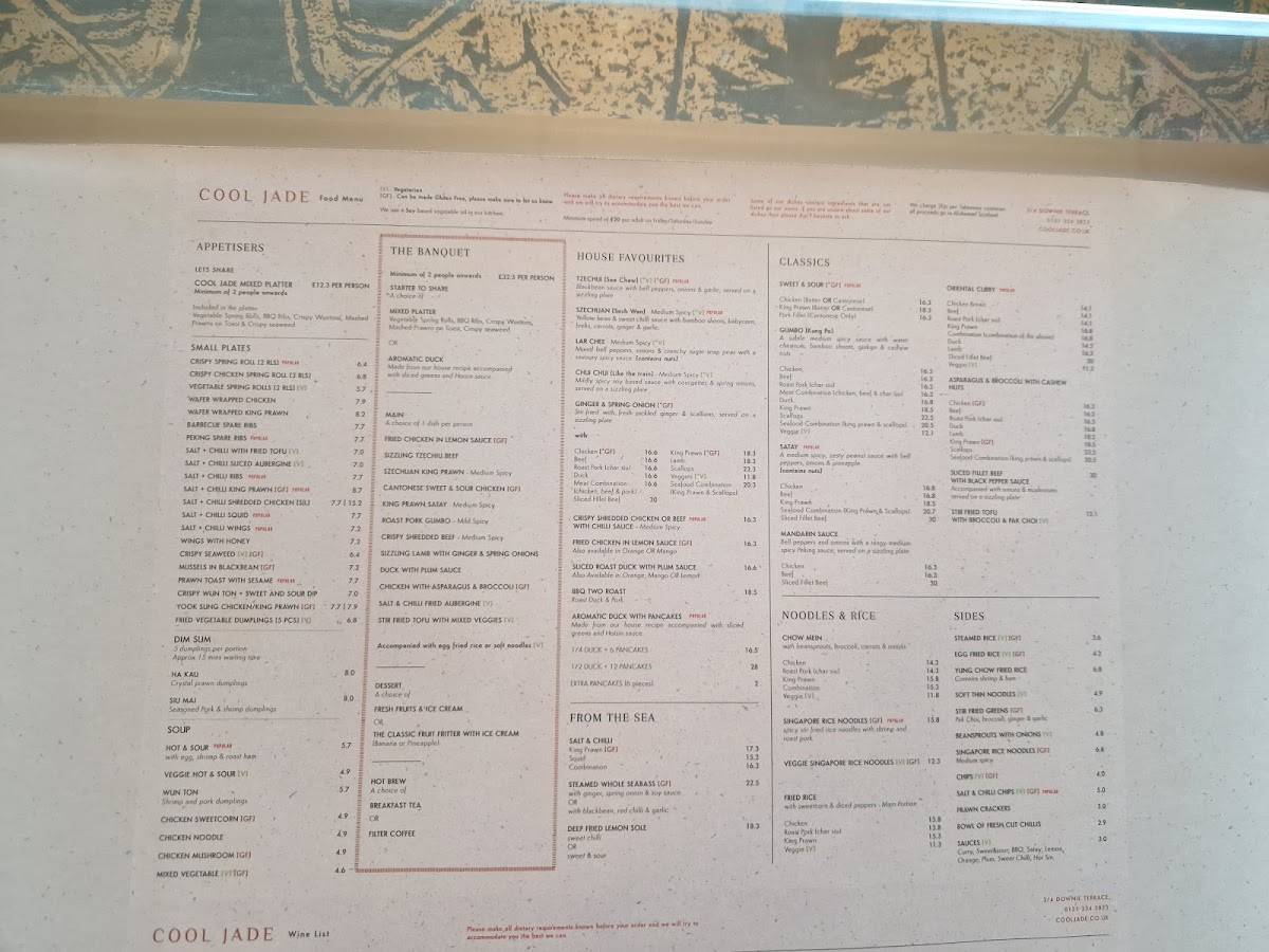 Menu at Cool Jade restaurant, Edinburgh