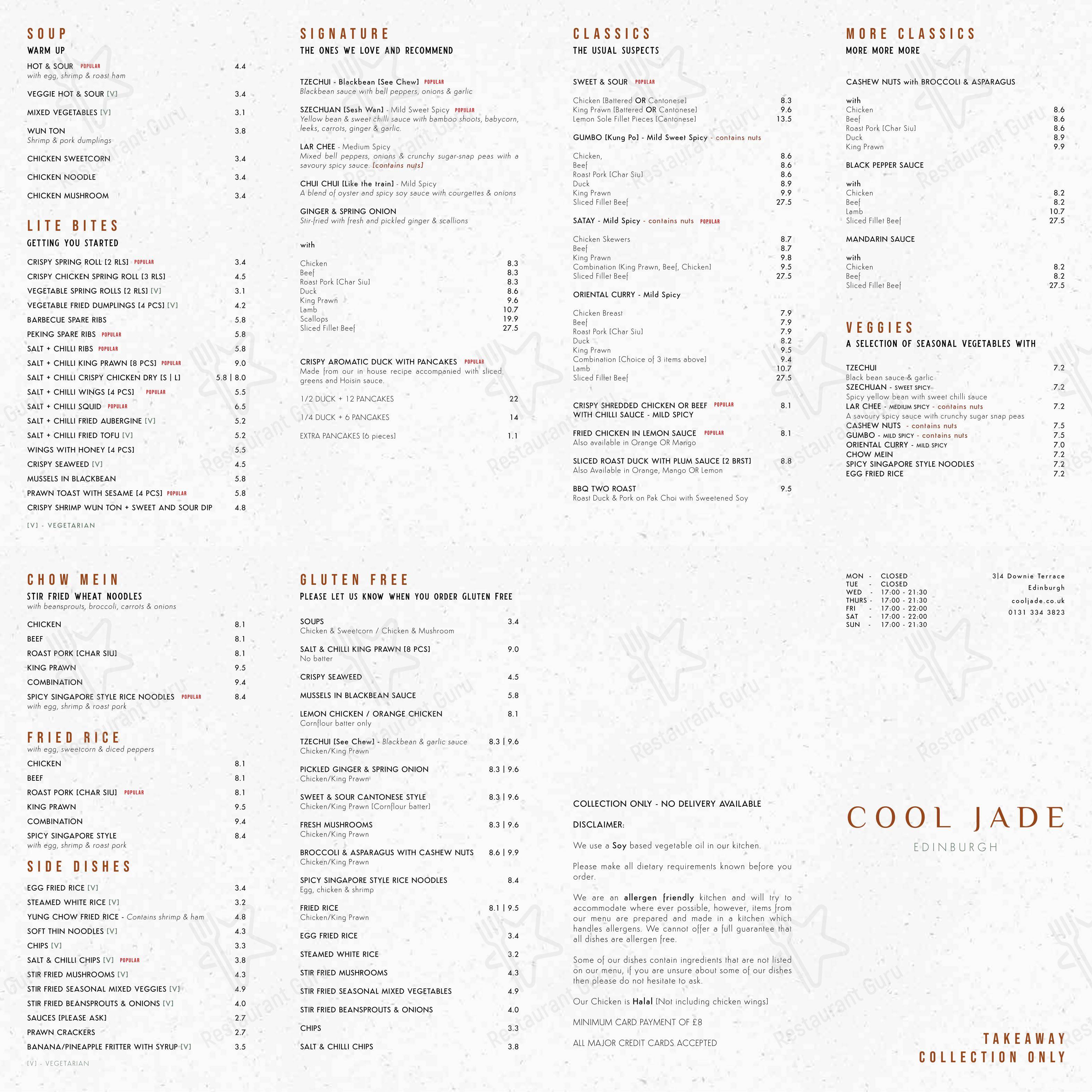 Menu at Cool Jade restaurant, Edinburgh