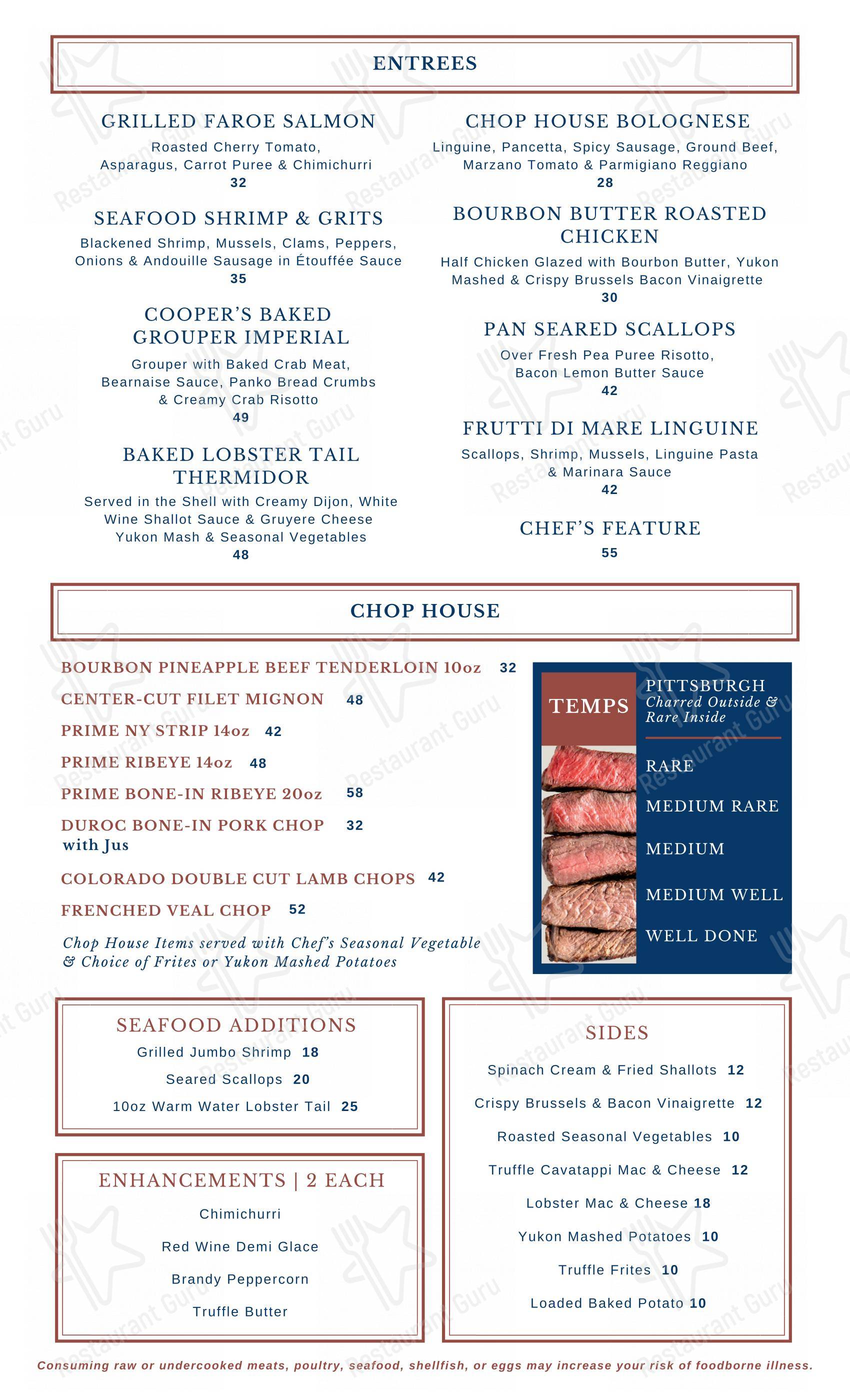 Menu at Cooper's Chop House & Seafood steakhouse, Vero Beach
