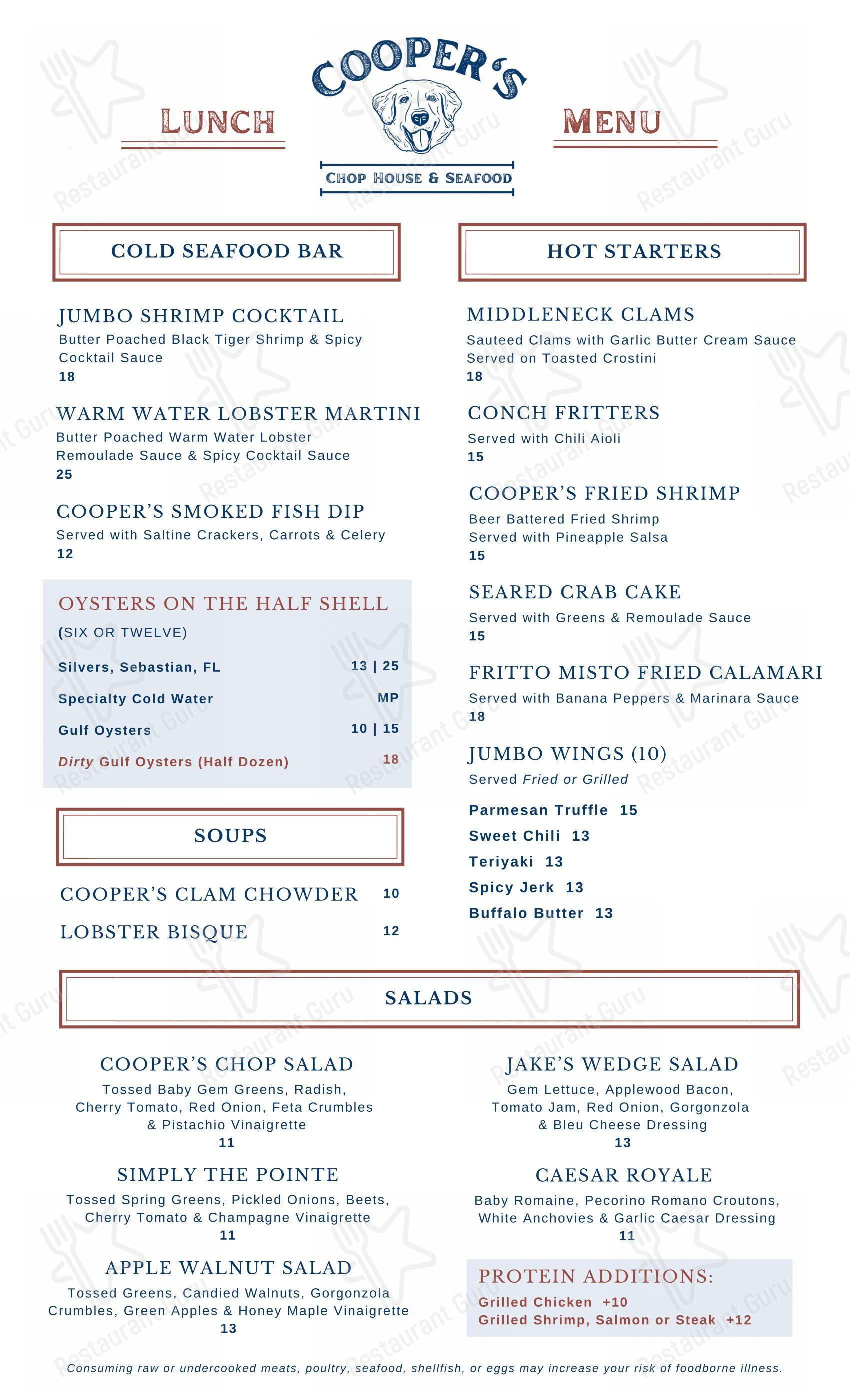 Menu at Cooper's Chop House & Seafood steakhouse, Vero Beach