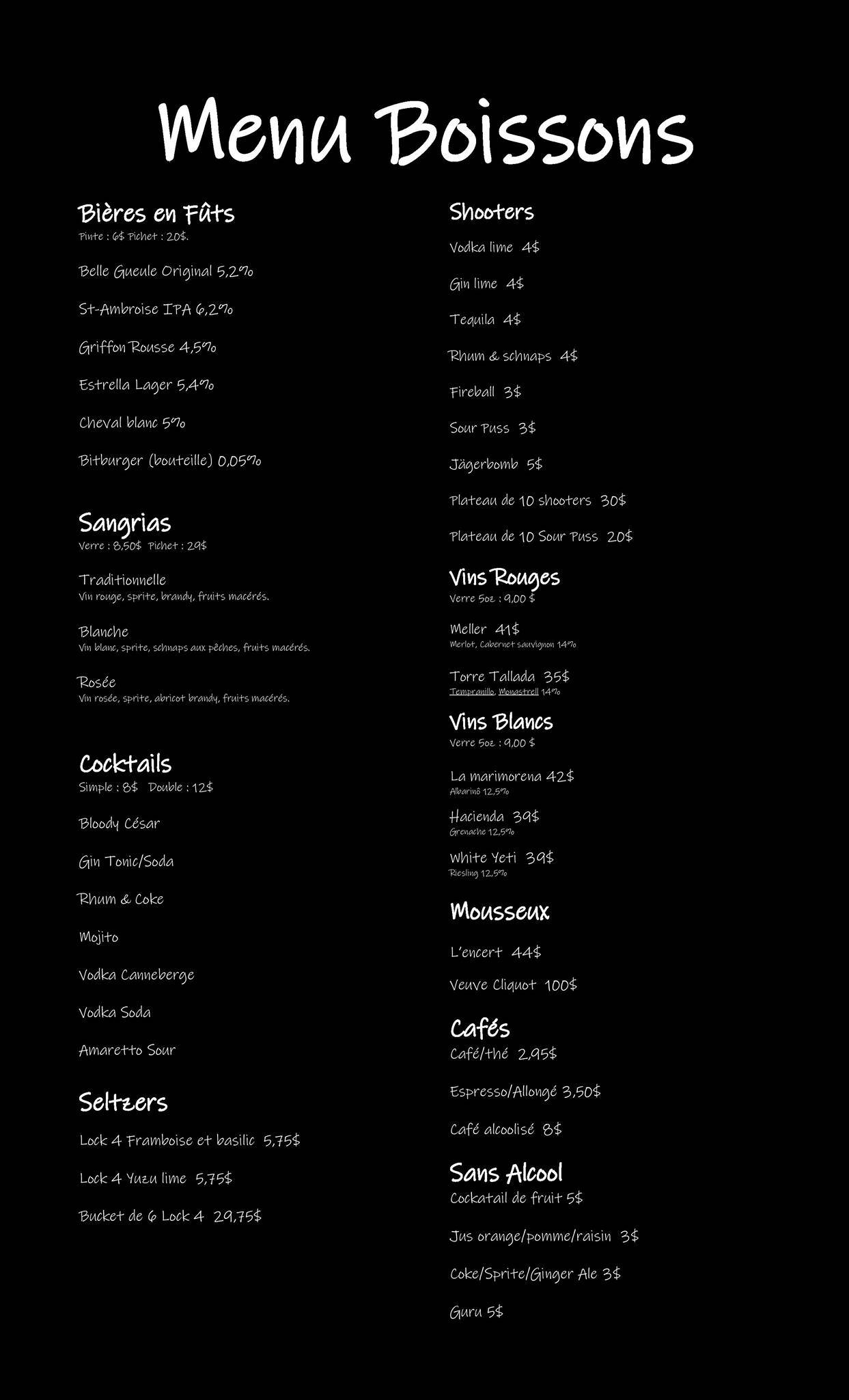 Menu at Copas pub & bar, Québec City