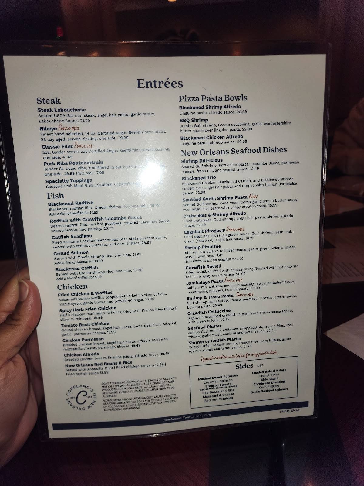 Menu at Copeland's of New Orleans steakhouse, Houma