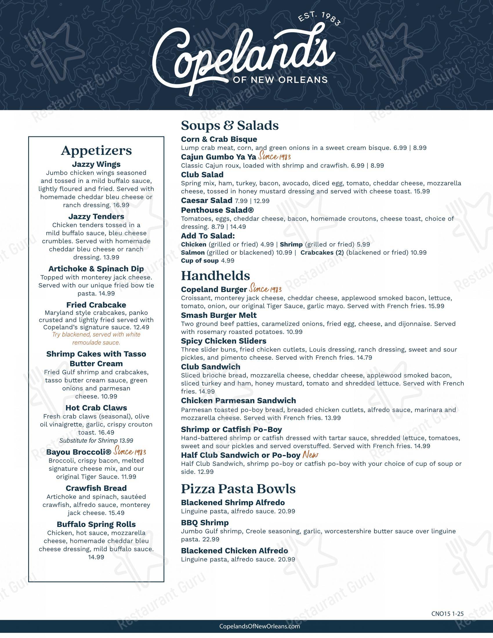 Menu at Copeland's of New Orleans steakhouse, Houma