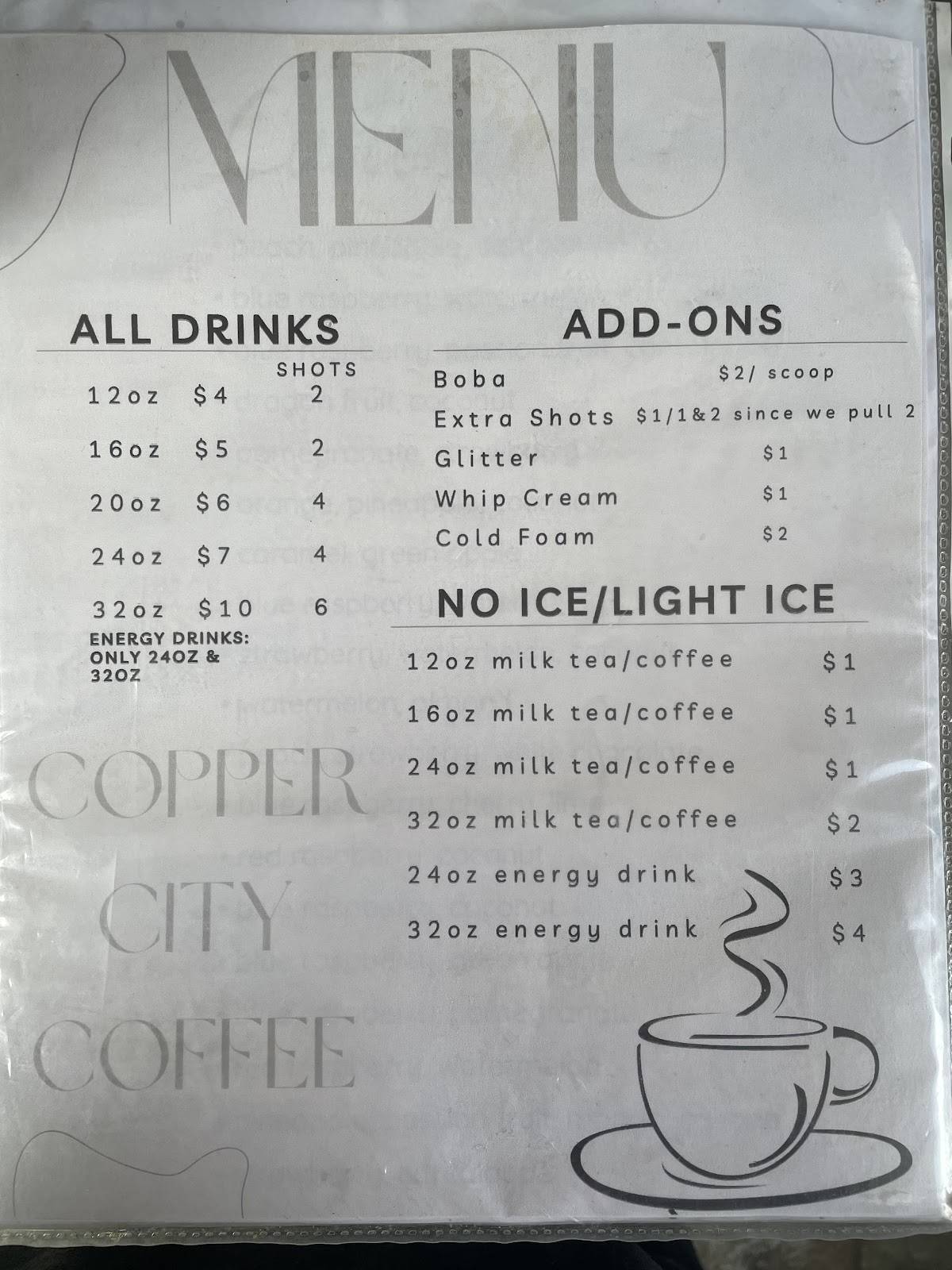 Menu at Copper City Coffee, Butte