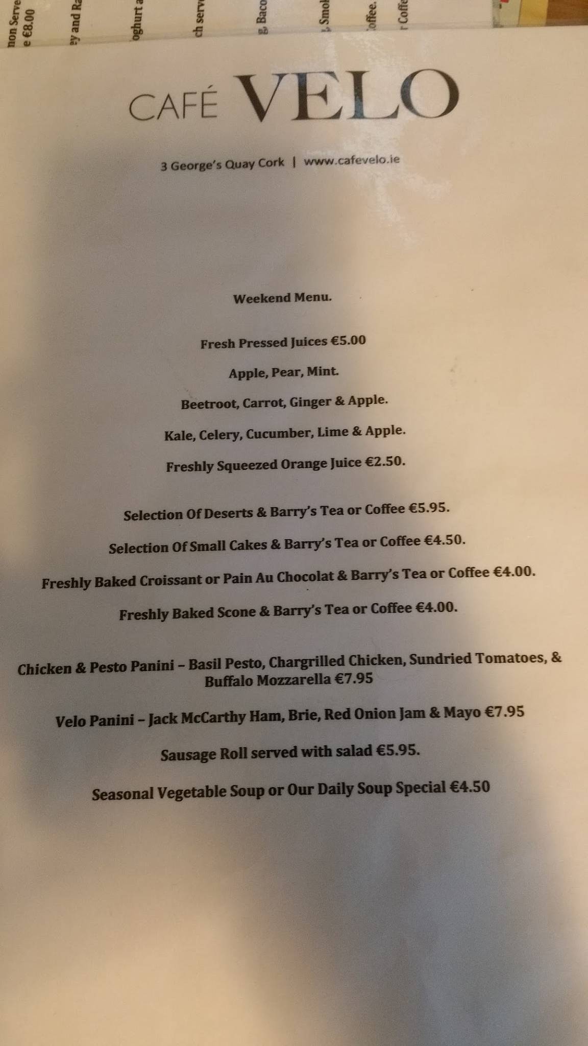Menu at Café Velo cafe, Cork
